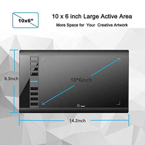 UGEE M708 10 x 6 inch Large Drawing Tablet with 8 Hot Keys, Passive Stylus of 8192 Levels Pressure, Graphics Tablet for Paint, Design, Art Creation Sketch