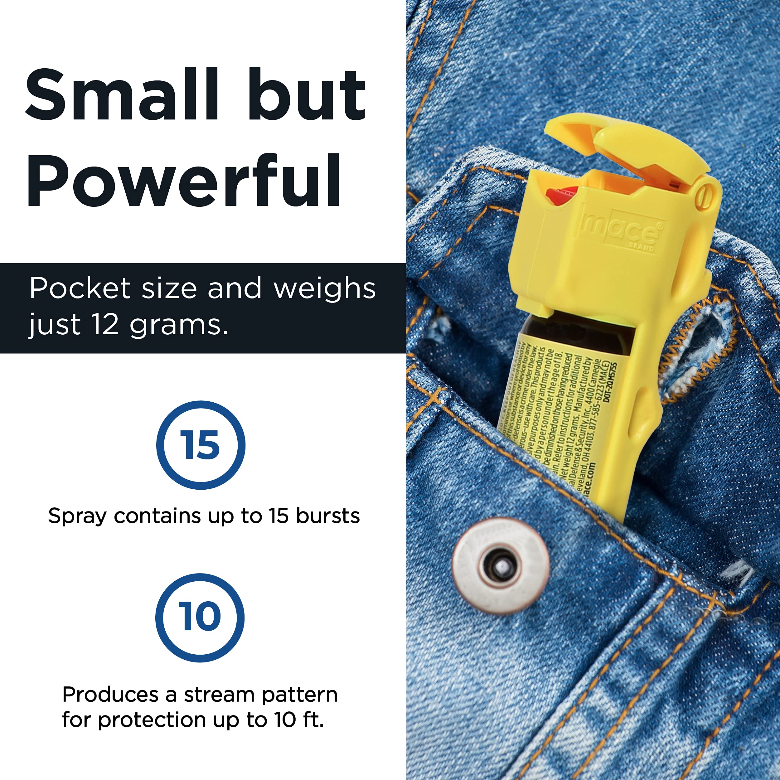 Mace Brand Pocket Pepper Spray (Neon Yellow) β Accurate 10β Powerful Pepper Spray with Flip Top Safety Cap, Leaves UV Dye on Skin β Great for Self-Defense