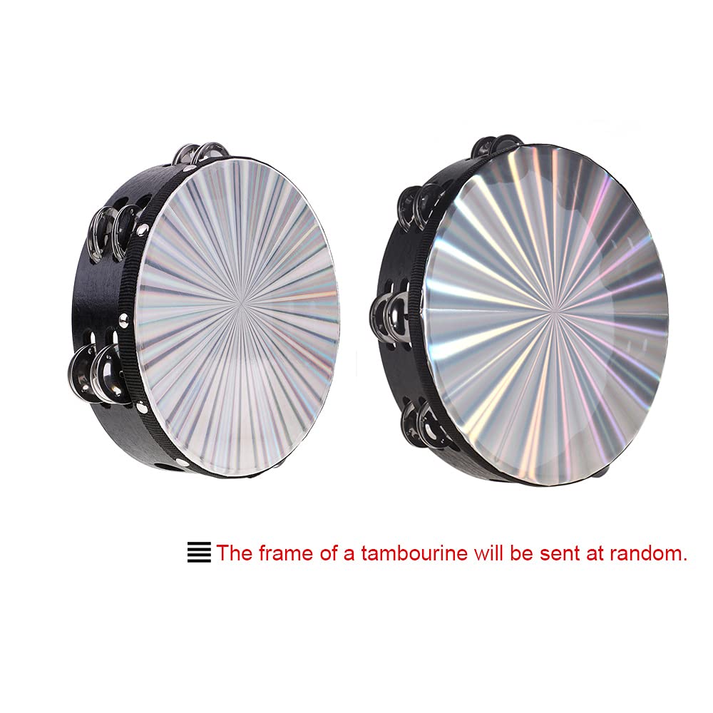 Mowind Tambourine Radiant 10 Inch Hand Held Drum with Double Row Jingles Reflective Drum Musical Instrument for Games KTV Party