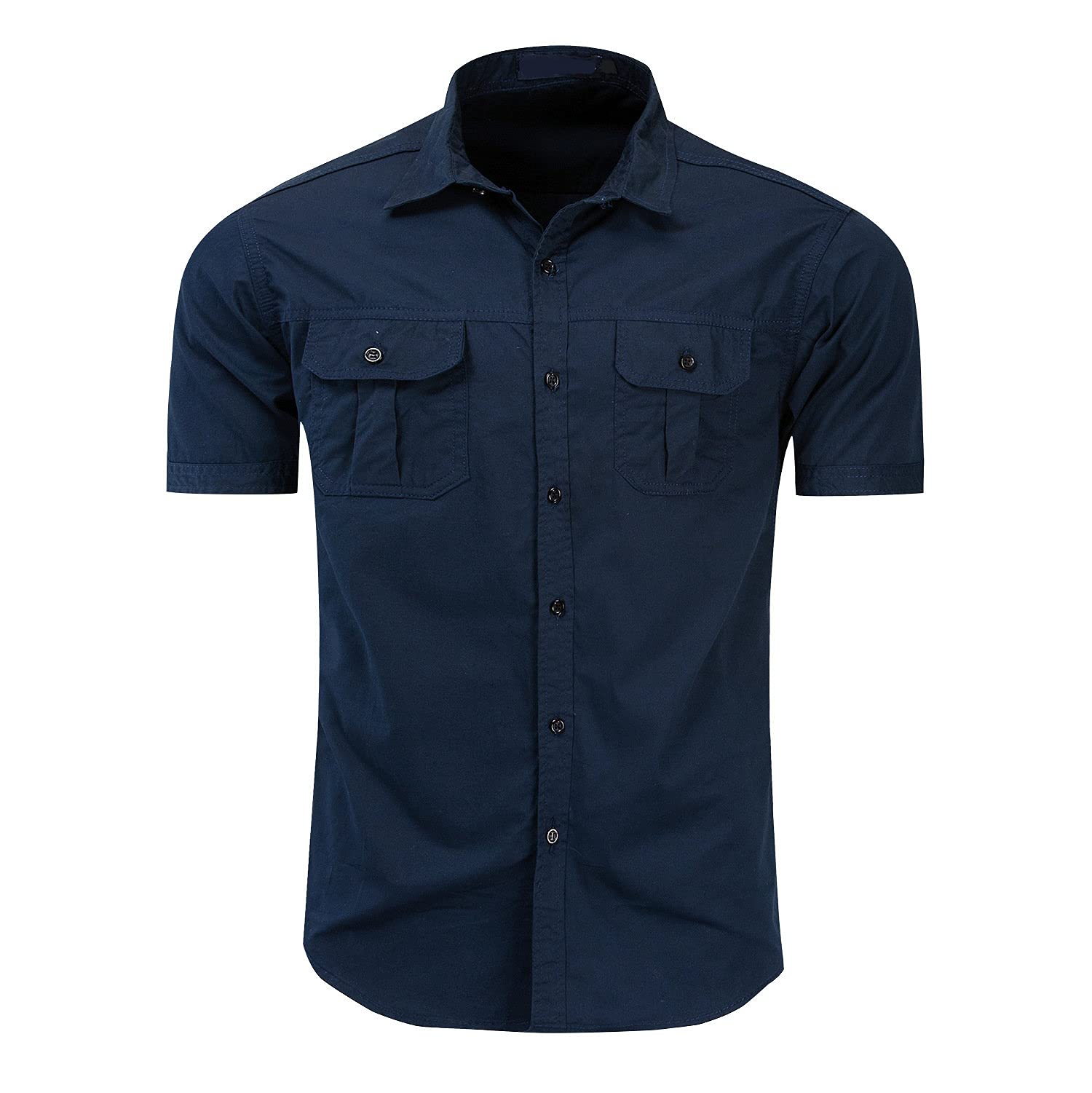 Men's Military Short Sleeve Cargo Shirt Button Down Tactical Dress Shirts Slim Fit Casual Pockets Work Shirts (Navy blue,Small)