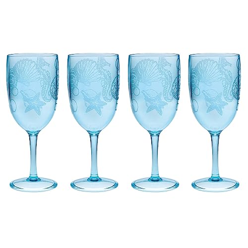 Leadingware AC-2403B Ocean Design Blue 8.5 x 3.25 Acrylic 15 Ounce Wine Glass, Set of 4