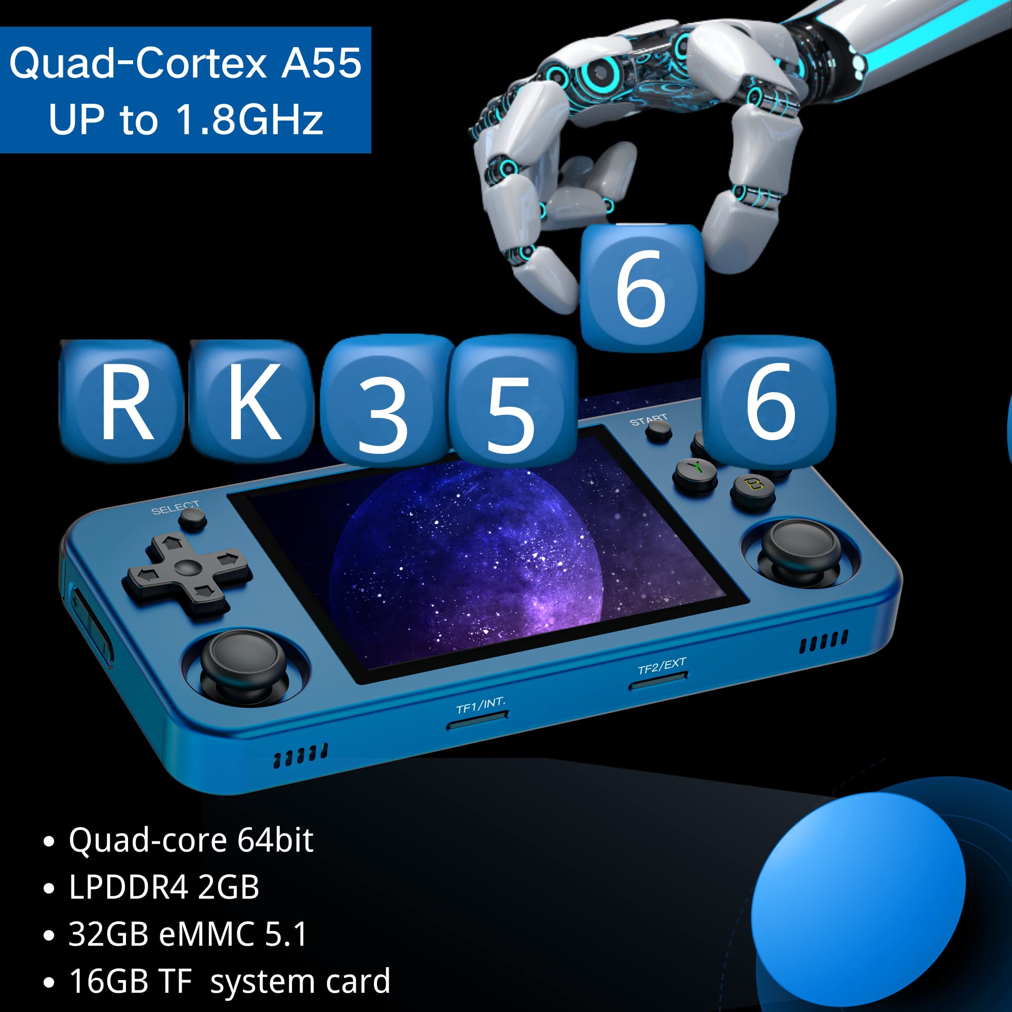 RG353M Handheld Game Console Aluminum Alloy CNC Support Dual OS Android 11+ Linux, 5G WiFi 4.2 Bluetooth 3.5 Inch IPS Multi-Touch Screen 64G TF Card 4420+ Classic Games(RG353M-Blue)