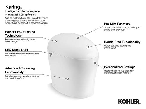 KOHLER 77780-0 Karing Smart Toilet with Auto Open & Close, One-Piece Elongated Intelligent Bidet Toilet with Heated Seat, 1.08 GPF, White