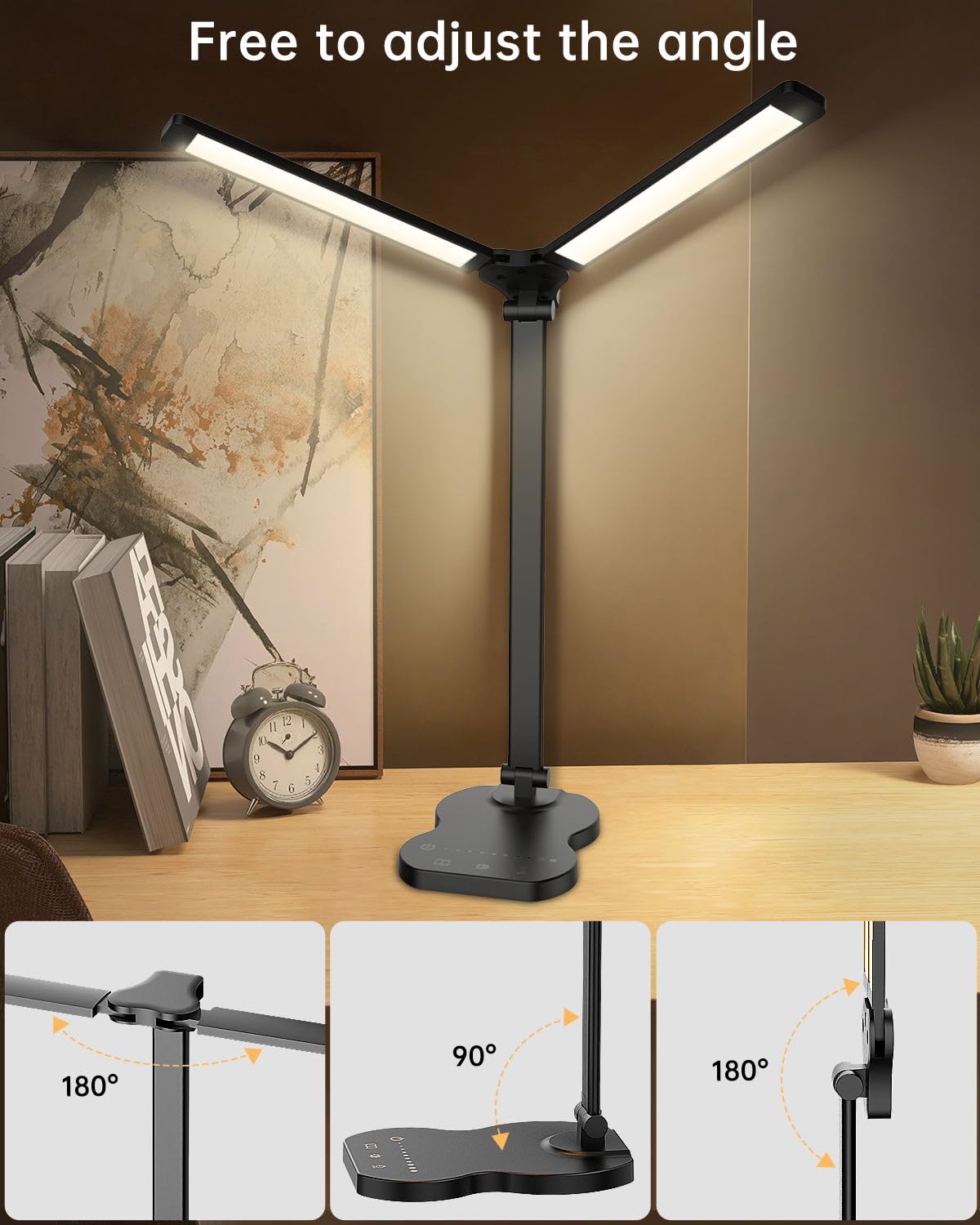 LED Double Head Desk Lamp for Home Office with Adjustable Swing Arms and Dimmable Touch Control LED Desk Light USB Power and Multi-Color Illumination for Home Office and Study