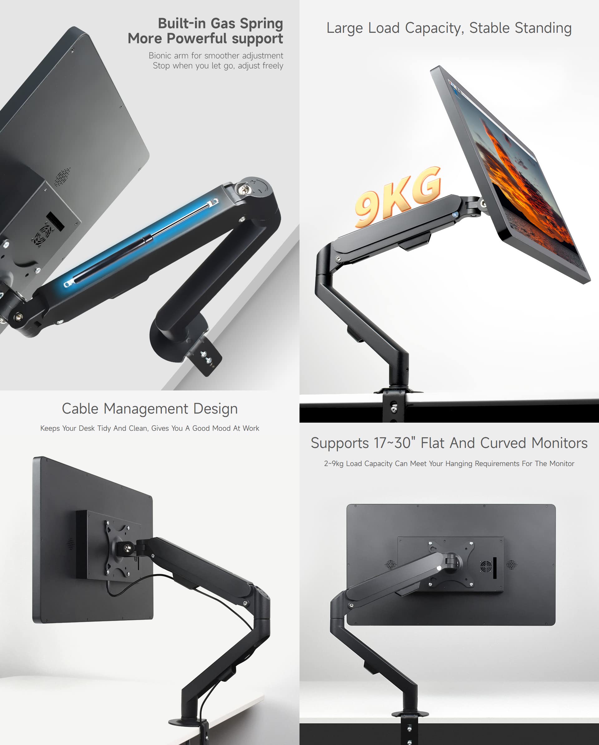 Waveshare Gas Spring Monitor Arm for 17~30 Inch Display Monitor, Height Adjustment, Supports Multi-Angle Rotation and Expansion