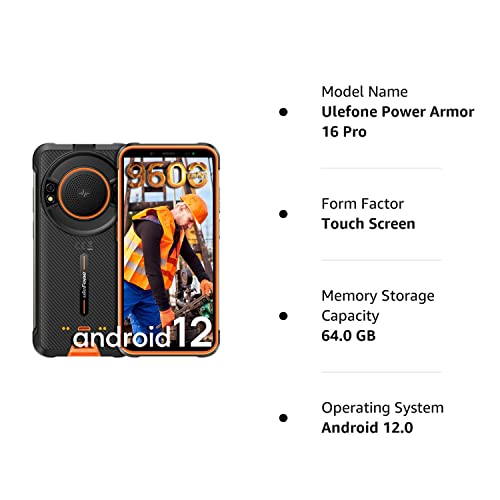 Ulefone Rugged Smartphone, Power Armor 16 Pro 122dB Loud Speaker, IP68/IP69K, 9600mAh, Octa-core Android 12 4GB + 64GB, 16MP Dual Camera, Built-in Glare Flashlight, Fingerprint ID, NFC Orange