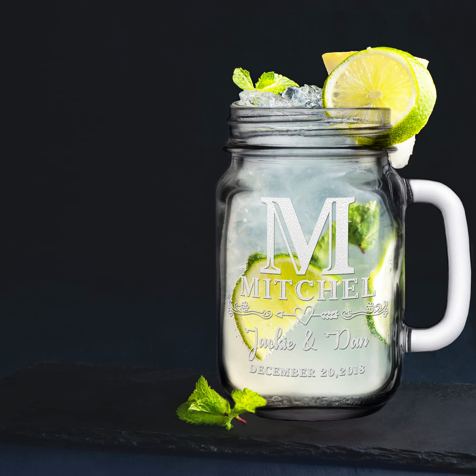 Personalized Wedding Favors Etched 16 oz Mason Jar Drinking Glasses with Handle Customized Mug for Anniversary Groom Bride Husband Wife