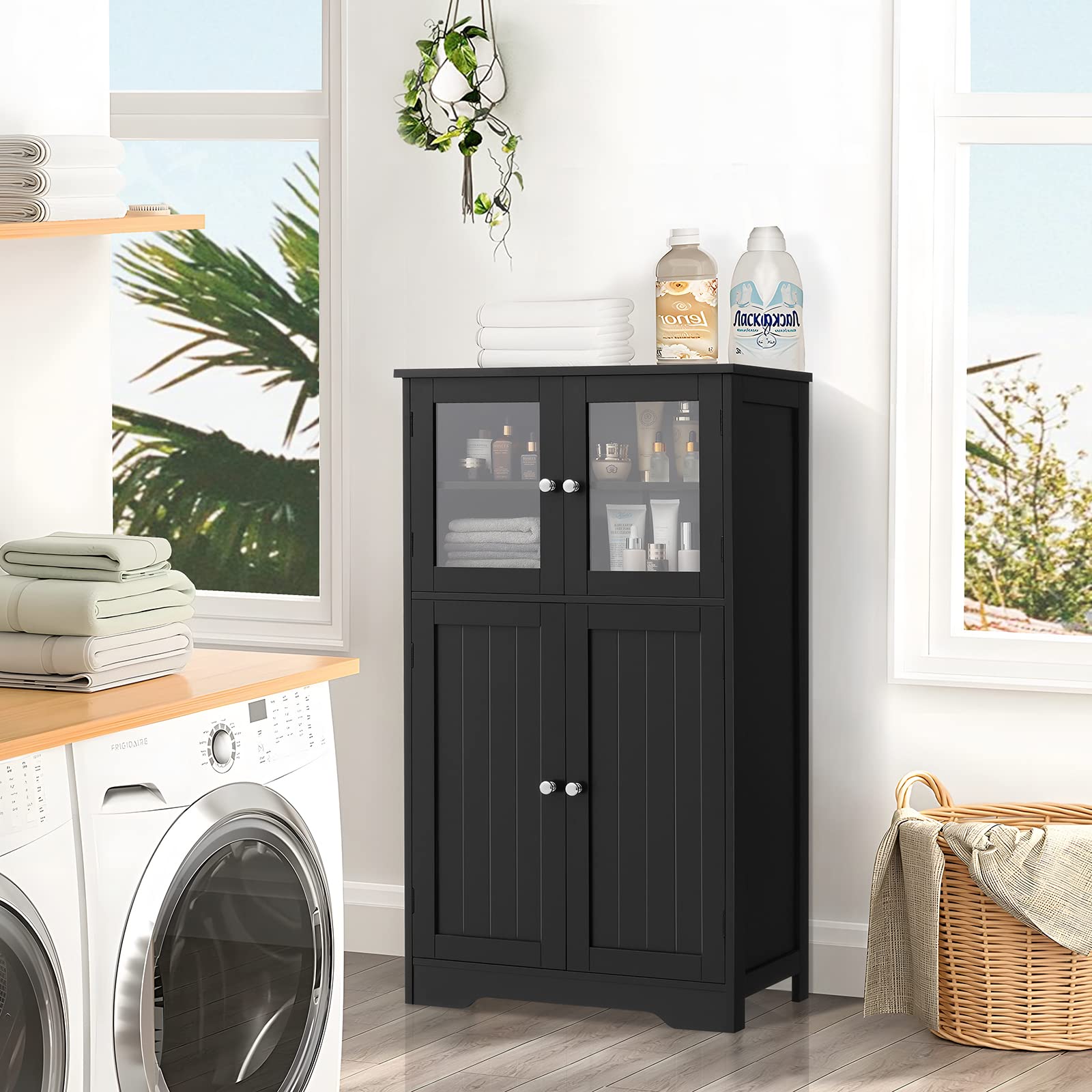 Iwell Freestanding Bathroom Cabinet with 4 Doors, Adjustable Shelves, 11.8 x 23.6 x 42.7 Inches, for Living Room, White