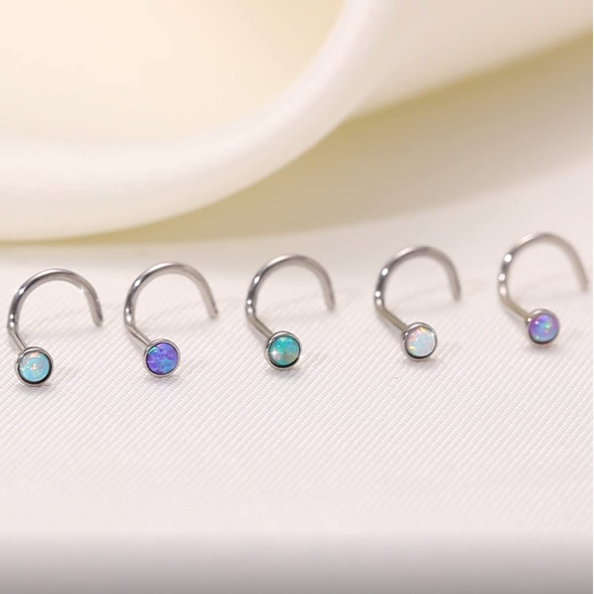 Lantine Corkscrew Nose Studs Surgical Steel 2mm Opal Nose Stud Pink White Purple Green Blue Set 20 Gauge 1/4 inch