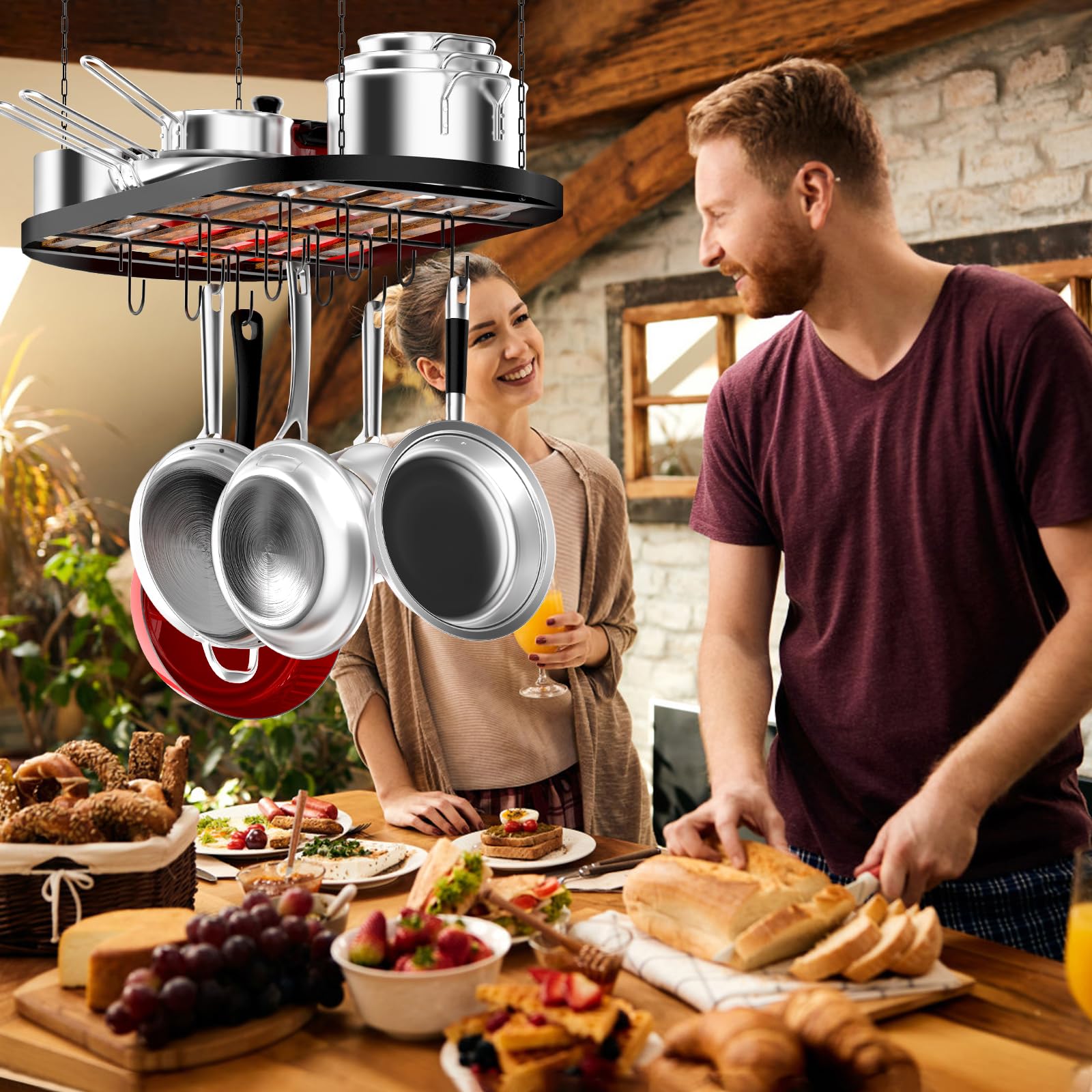 LiebeRen Pot Rack Hanging, Pot Hanger for Kitchen Ceiling, Hanging Pot Rack Ceiling Mount(33"x 16.5"x 1.2"inches, Ceiling Pot Rack with 12 Hooks, Pot and Pan Hanger Made of Wood and Iron.(Black)