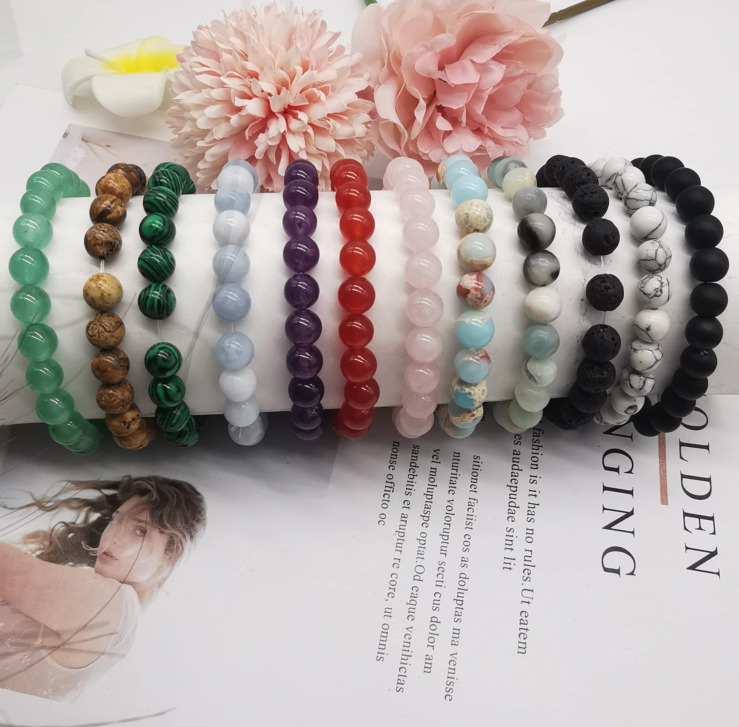 MOZAKA 12Pcs 4mm 6mm 8mm Gemstones Beaded Bracelets for Men Women Stone Bead Healing Stretch Round Bead Crystal Semi-Precious Bracelets Unisex
