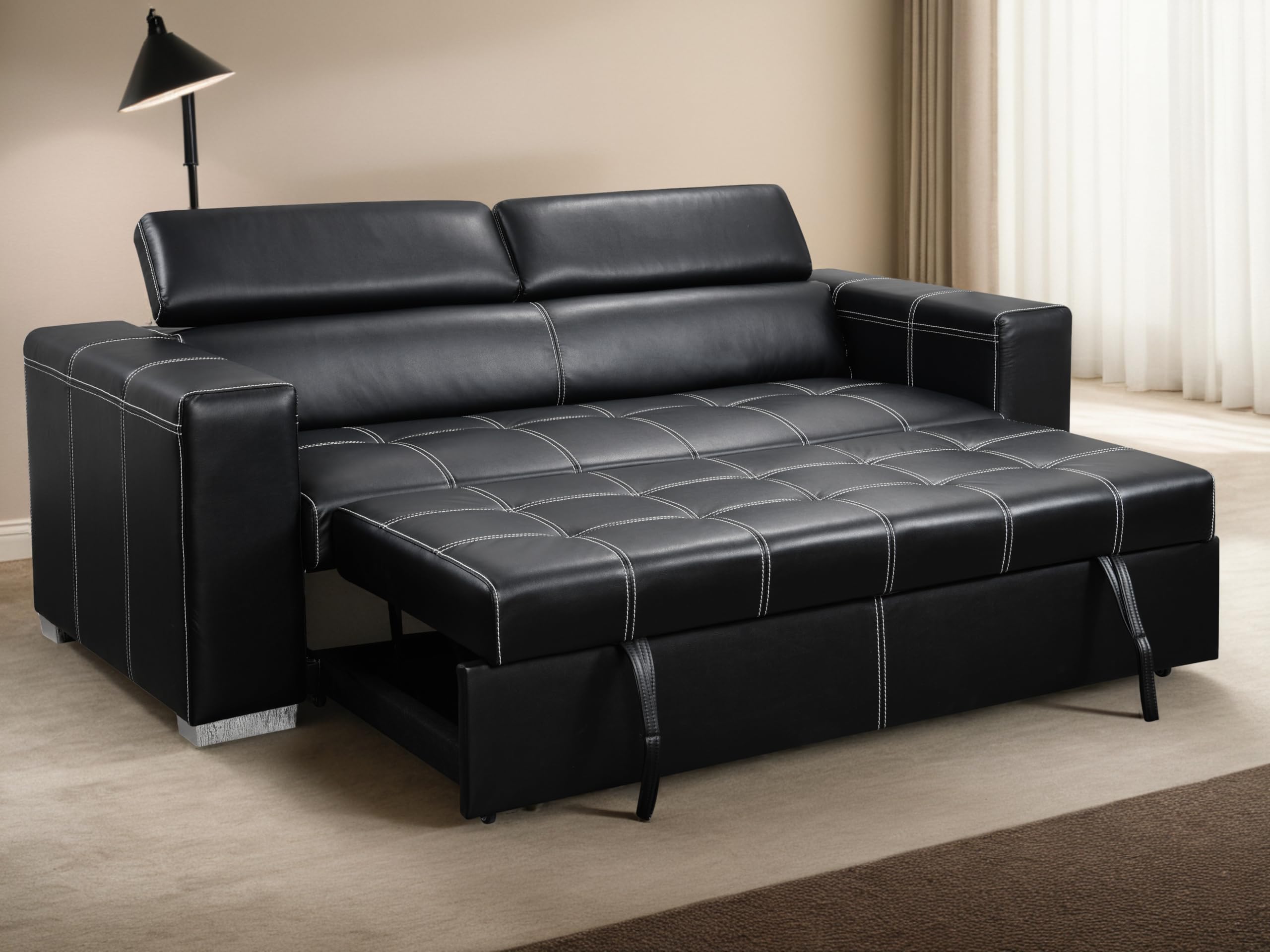 ZIGHTH 88 inch Oversized Breathable Leather Sofa with Adjustable Headrest, Modern Breathable Leather Couch Loveseat with Pull Out Chaise Lounge, Black Leather Sofa for Living Room, Apartment (Black)
