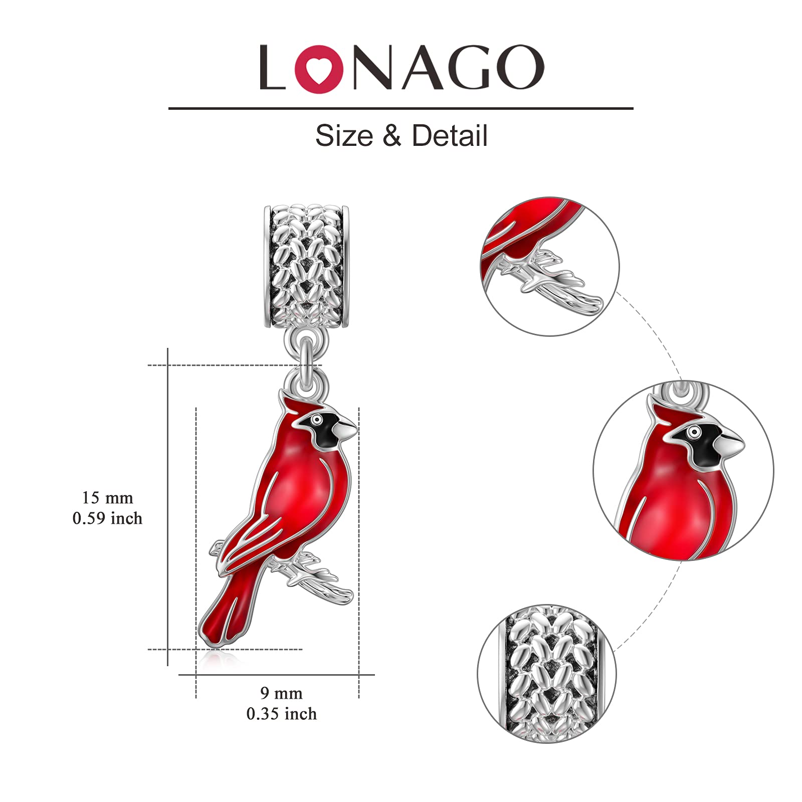 LONAGO Red Cardinal Charm 925 Sterling Silver Dangle Bird Bead Fit Bracelet Our Love Never Dies Gifts for Women Mom
