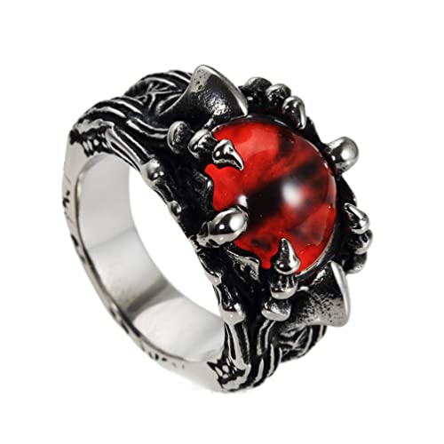 OAKKY Unisex Stainless Steel Vintage Personality Ghost Devil Dragon Claw Bloody Demon Round Red Gemstone Biker Ring Gothic Punk Statement Size 11
