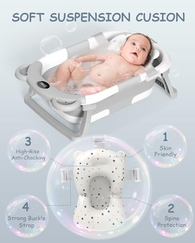 ieBabay Foldable Baby Bathtub Collapsible Bath tub for Newborn to Toddler with Soft Bath Cusion,Portable Travel Bathtub with Drain Hole,Easy to Store(Grey)