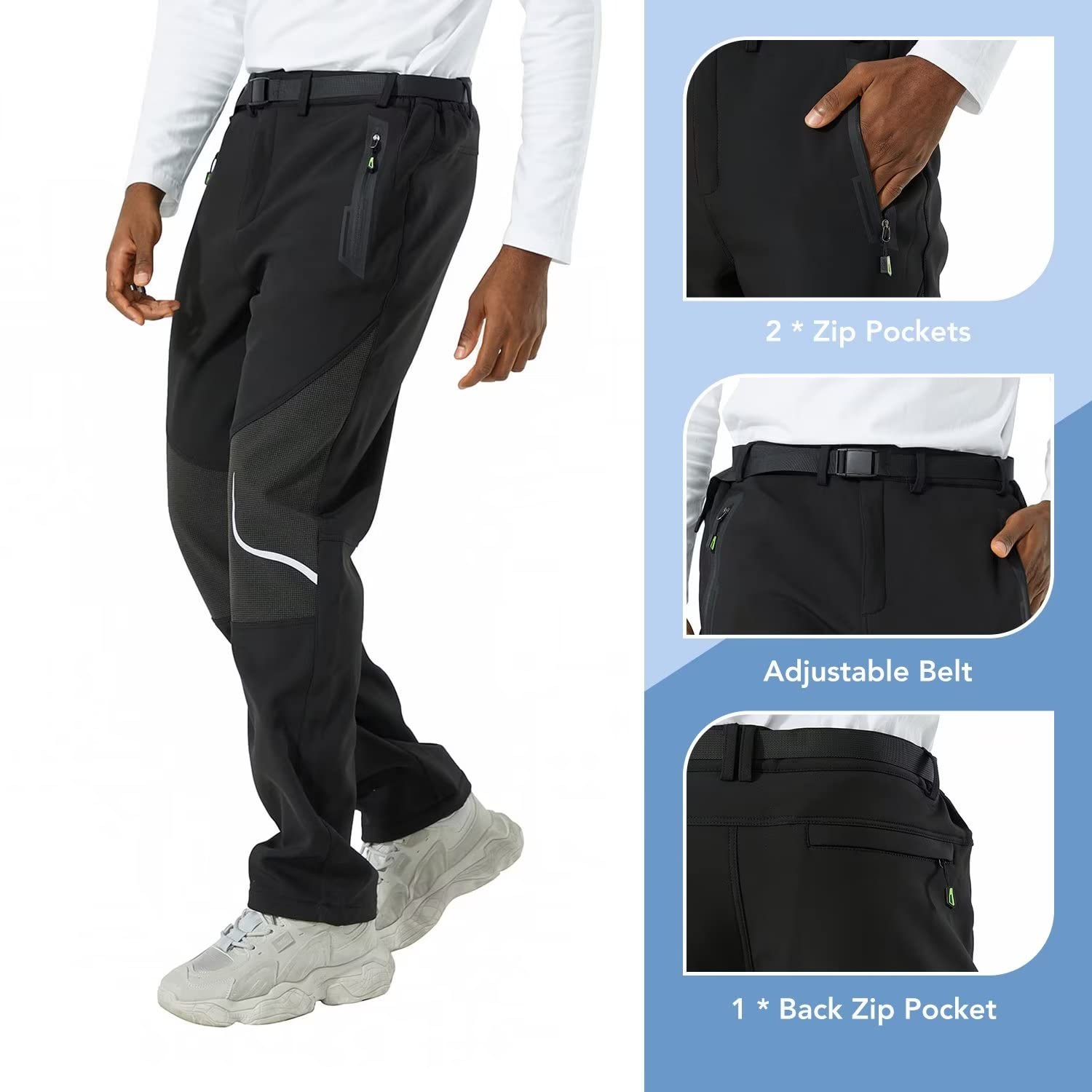 MONSTER VALLEY Mens Snow Ski Hiking Pants Outdoor Waterproof Fleece Lined Insulated Soft Shell Winter Pants, Black, Large