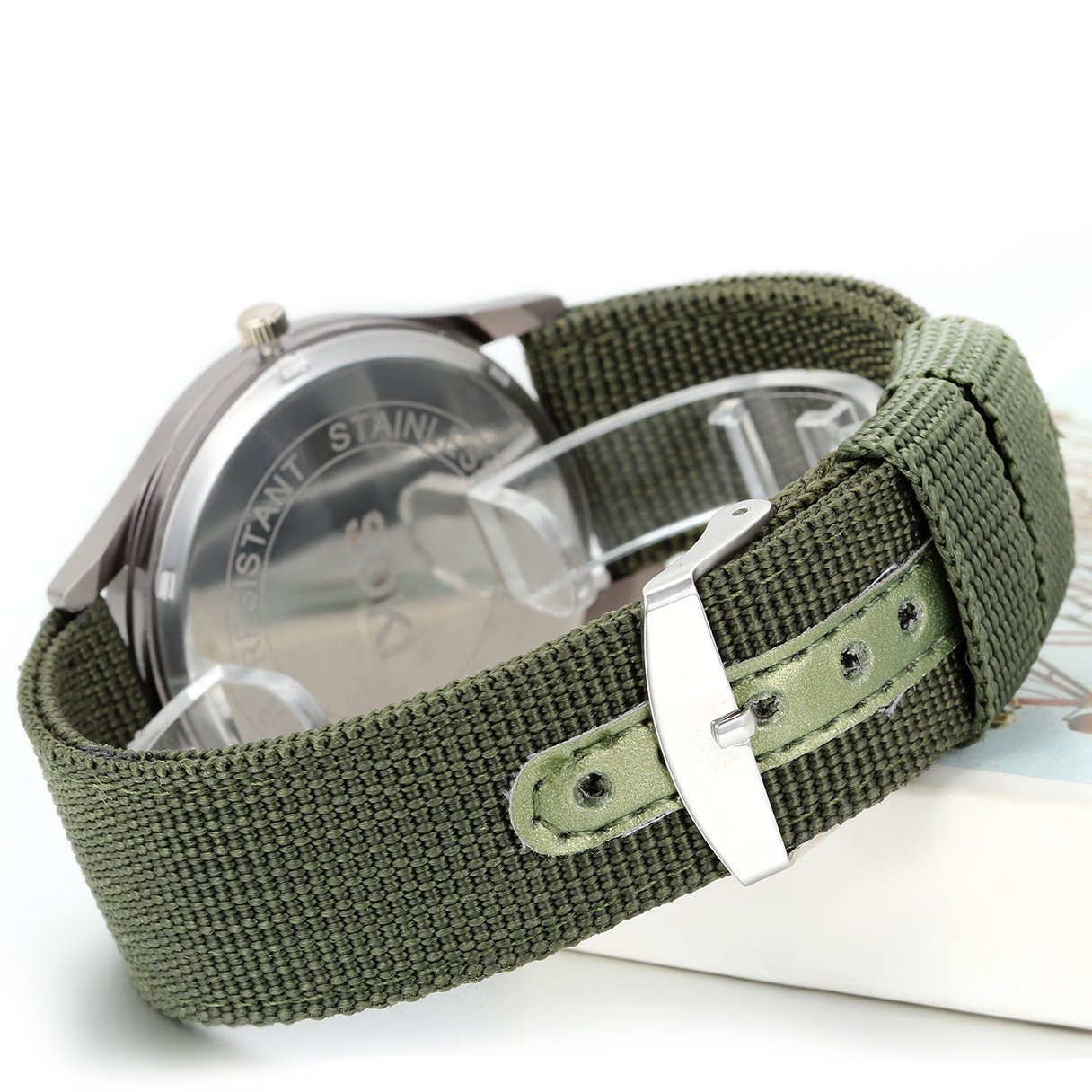 JewelryWe Men's Military Green Dial Nylon Strap Quartz Calendar Wrist Watch Night Vision Luminous Wristwatch for Father's Day