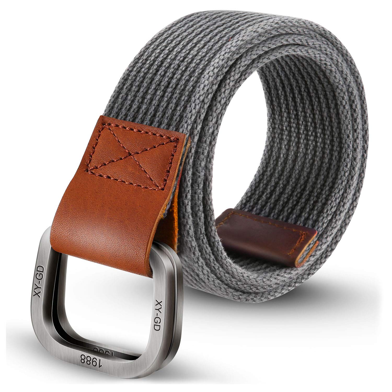 ITIEZY Mens Canvas Belts, Cloth Fabric Web Belt 1 1/2" for Casual Jeans, Double D Ring Adjustable Belt Grey for Men & Women