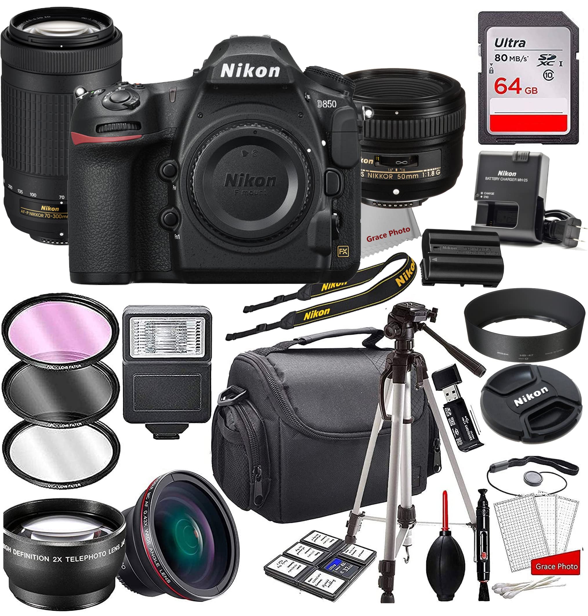 Nikon D850 DSLR Camera with 50mm f/1.8G & 70-300mm Zoom Lens Bundle + 64GB Memory, Case, Tripod and More