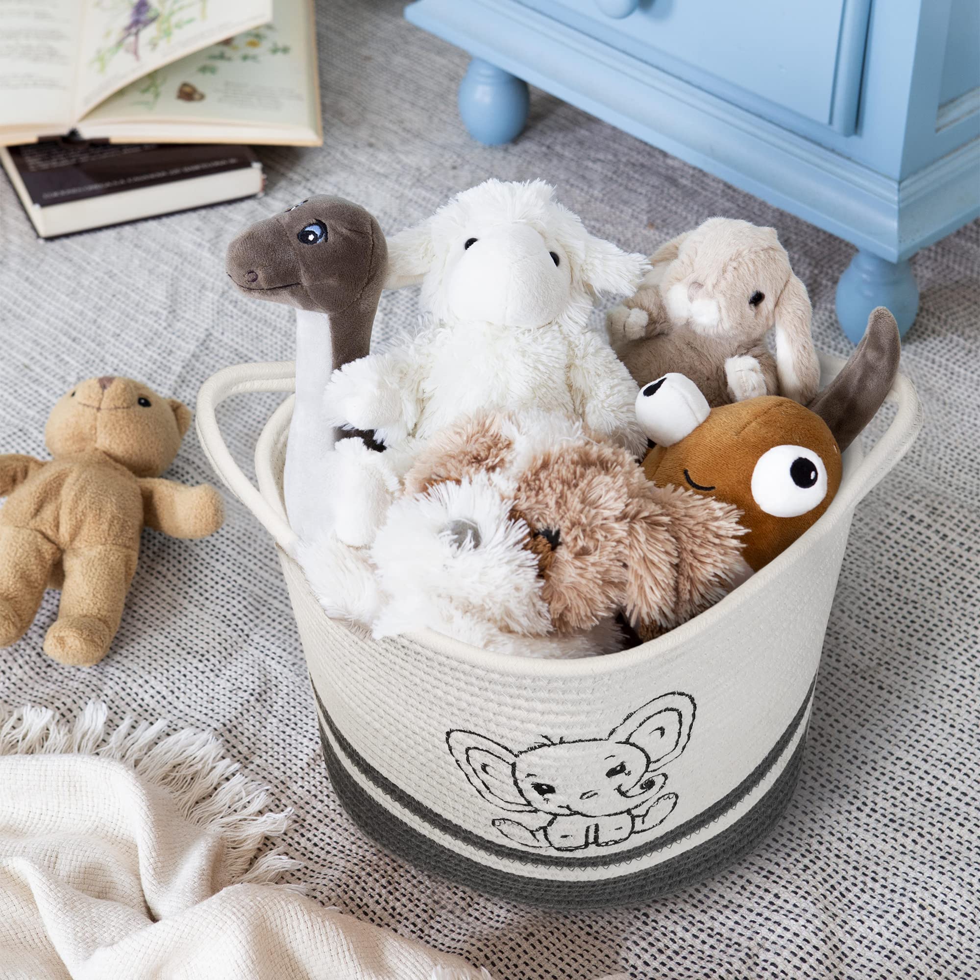 Rope Basket with Baby Elephant, Toy Storage, Nursery Storage, Blanket Storage, 14”x11”x12, White, Grey