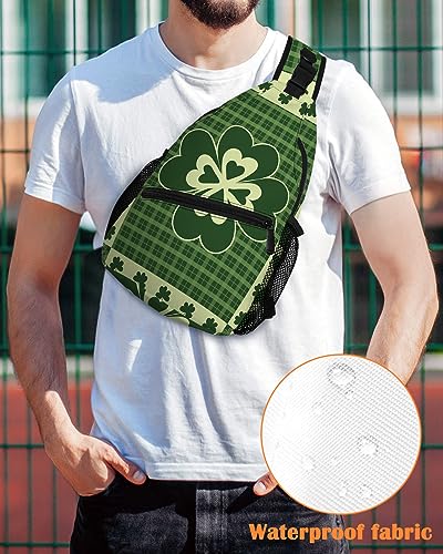Sling Backpack, St. Patrick's Day Lucky Shamrock Green Check Waterproof Lightweight Small Sling Bag, Travel Chest Bag Crossbody Shoulder Bag Hiking Daypack for Women Men