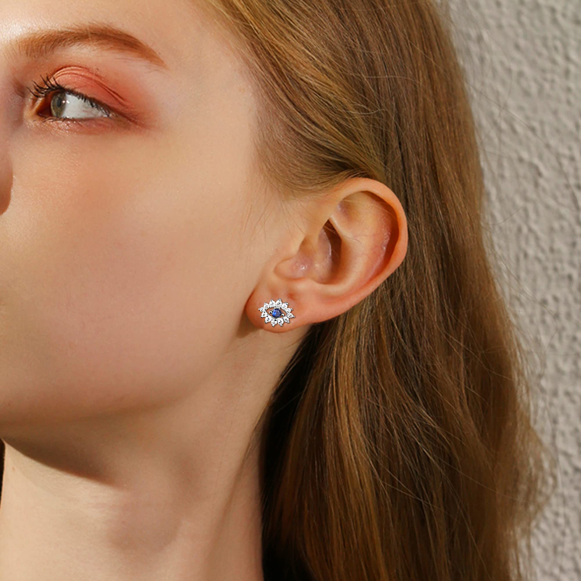 MUSECLOUD Evil Eye Earrings for Women White Gold Plated 925 Sterling Silver Evil Eye Stud Earrings Minimalist Blue CZ Eye Earrings Protection Jewelry (Silver)