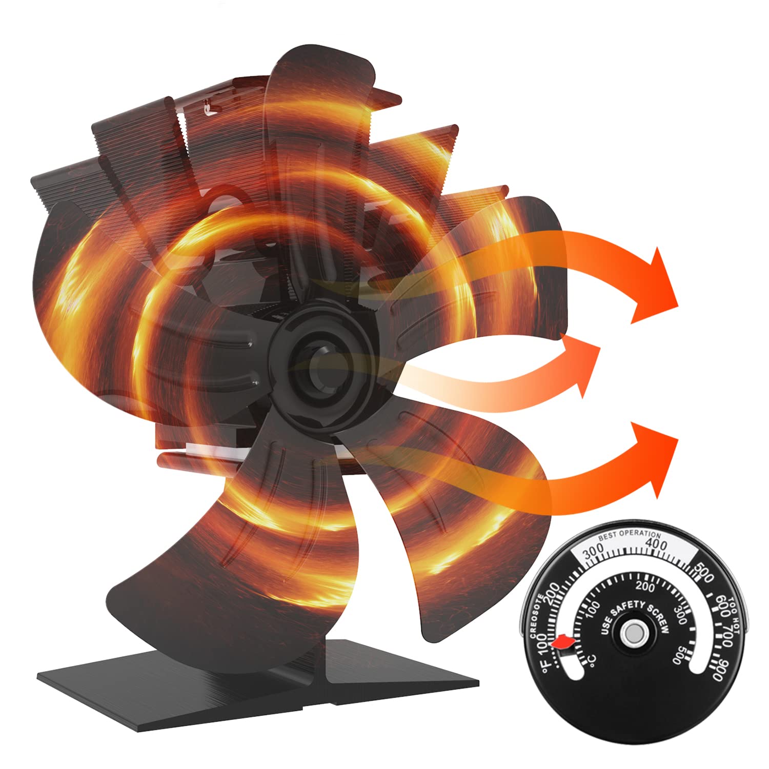 KINDEN Wood Stove Fan 5-Blade - Heat Powered Log Burner Eco-Friendly with Stove Thermometer (Aluminium Black, Large Size) Patent Pending