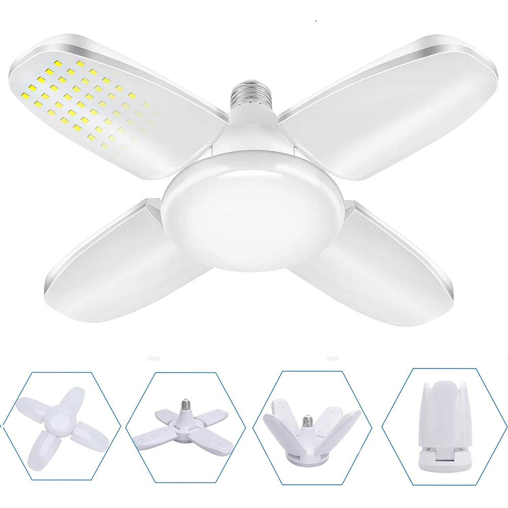 LED Garage Lights Soyond 60W Deformable LED Garage Ceiling Light E26/E27 6000LM 6500K LED Shop Lamp Barn Lights with 4 Adjustable Panels for Garage Warehouse Workshop Basement Barn Daylight
