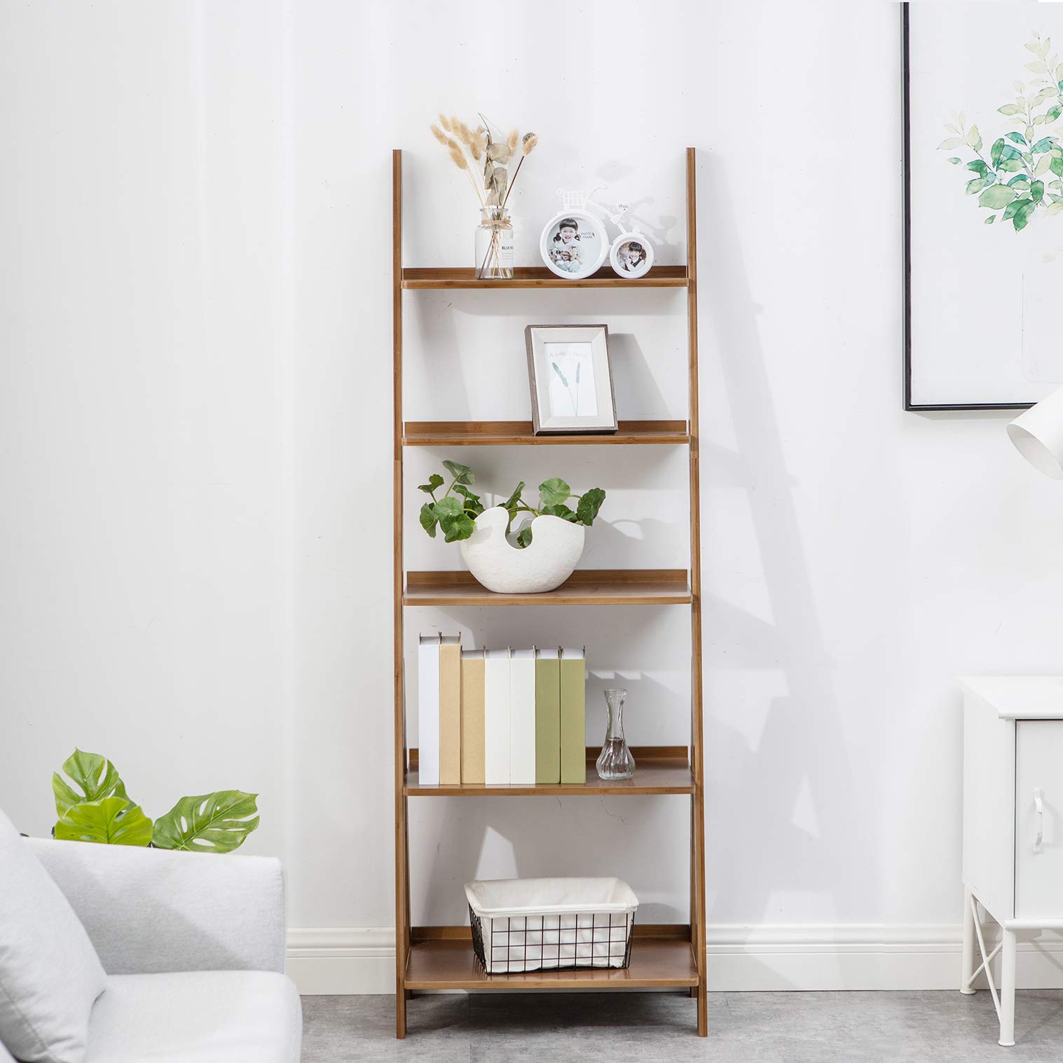 K KELBEL Bookshelf & Ladder Shelf &Storage Rack & Multipurpose Bamboo Organizer Shelves Furniture for Home Office, Living Room, Kitchen, Office 5 Tier (Brown)