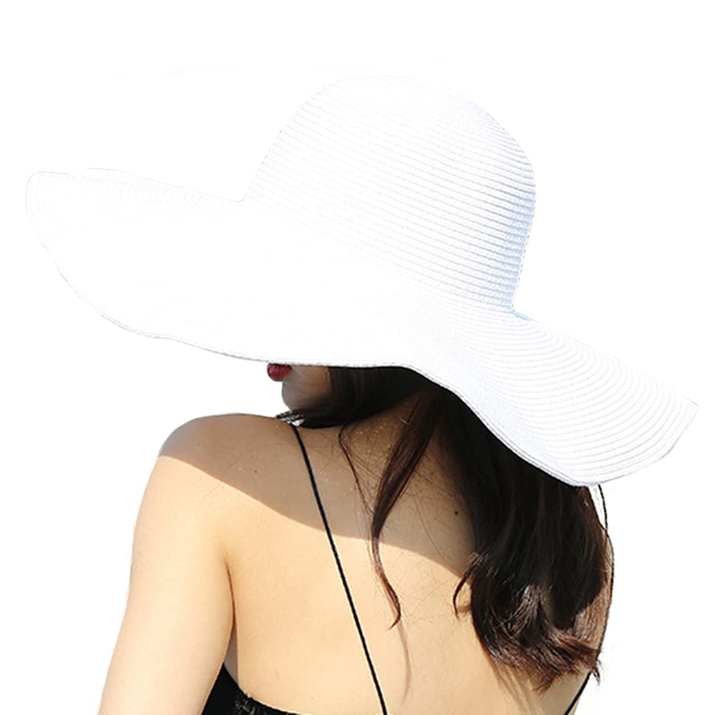 Itopfox Women's Beachwear Sun Hat Striped Straw Hat Floppy Big Brim Hat WT, White, One Size