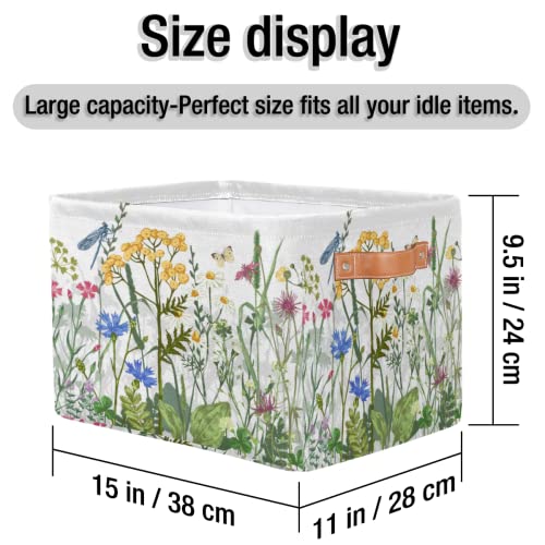 Storage Basket Bin, Flower Herb Butterfly Dragonfly Large Collapsible Storage Cube Box with Handle Durable Waterproof Closet Shelf Organizer for Toy Nursery Bedroom Laundry Basket, 1 Pcs