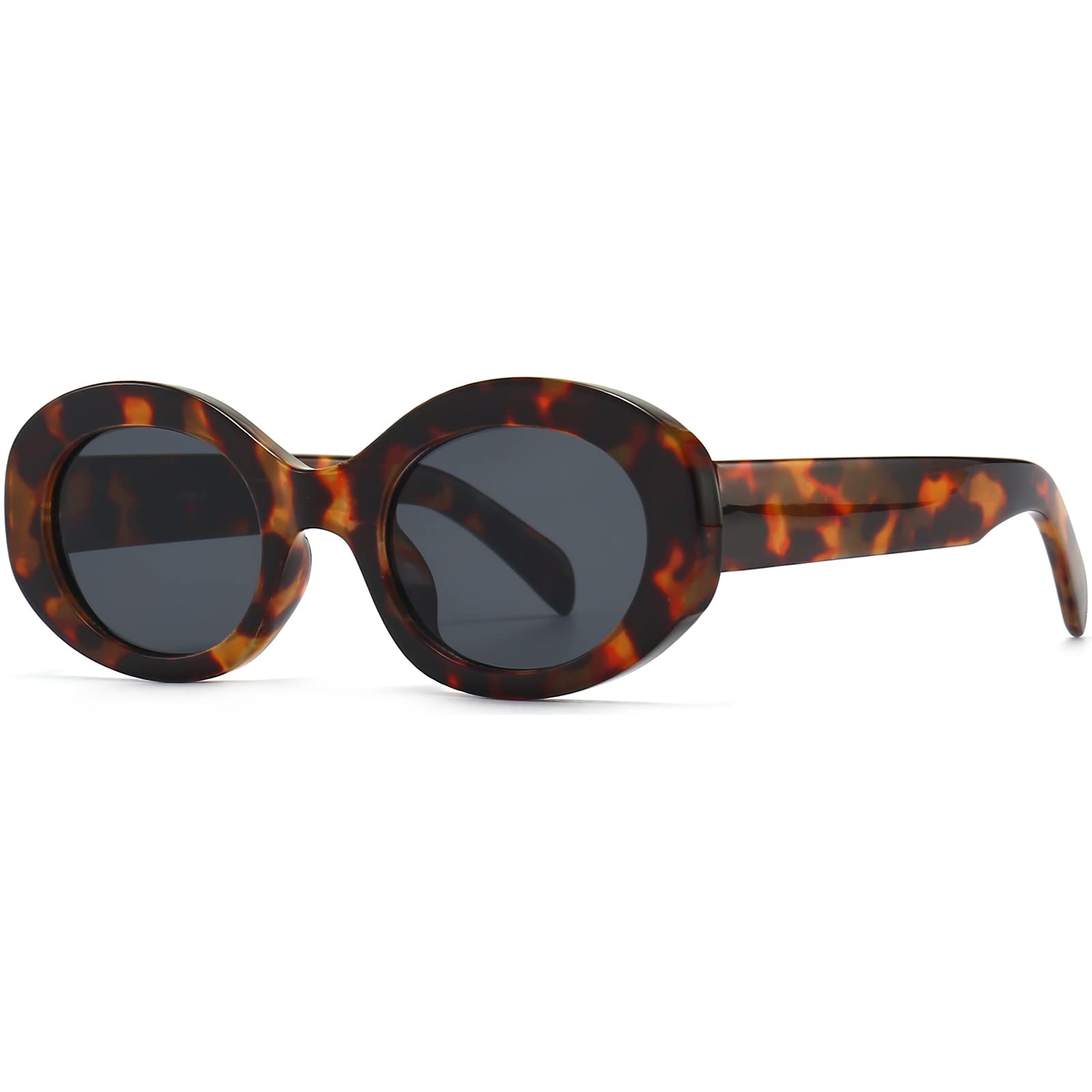PORADAY Modern Thick Oval Sunglasses for Women Fashion Clout Goggles Retro Narrow Chunky Sun Glasses Gradient Shades Round 90s (Leopard/Grey)
