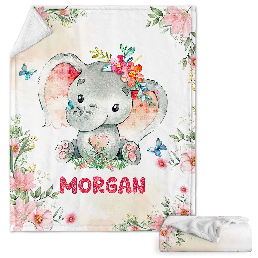 SANDJEST Personalized Baby Blanket Lovely Elephant Custom Name Fleece Throw Blanket Customized Gift for Baby New Mom Newborn Shower