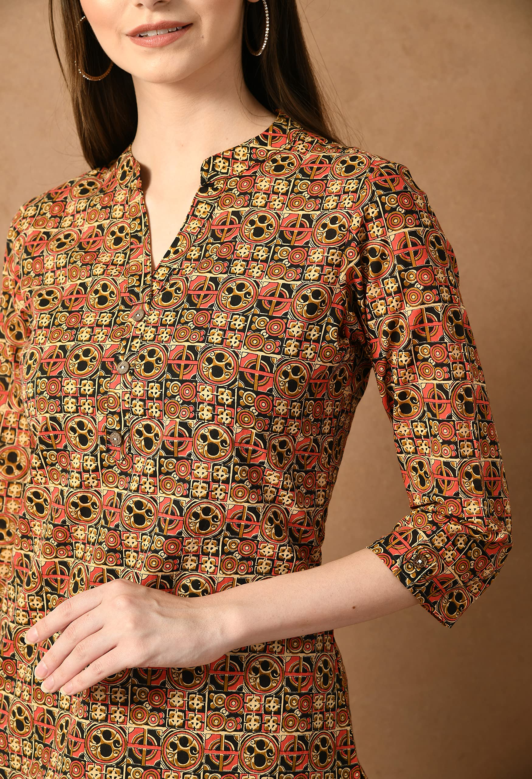 Lagi Women Straight Mandarin Collar 3/4 Sleeves Printed Short Cotton Kurti, Red (S)