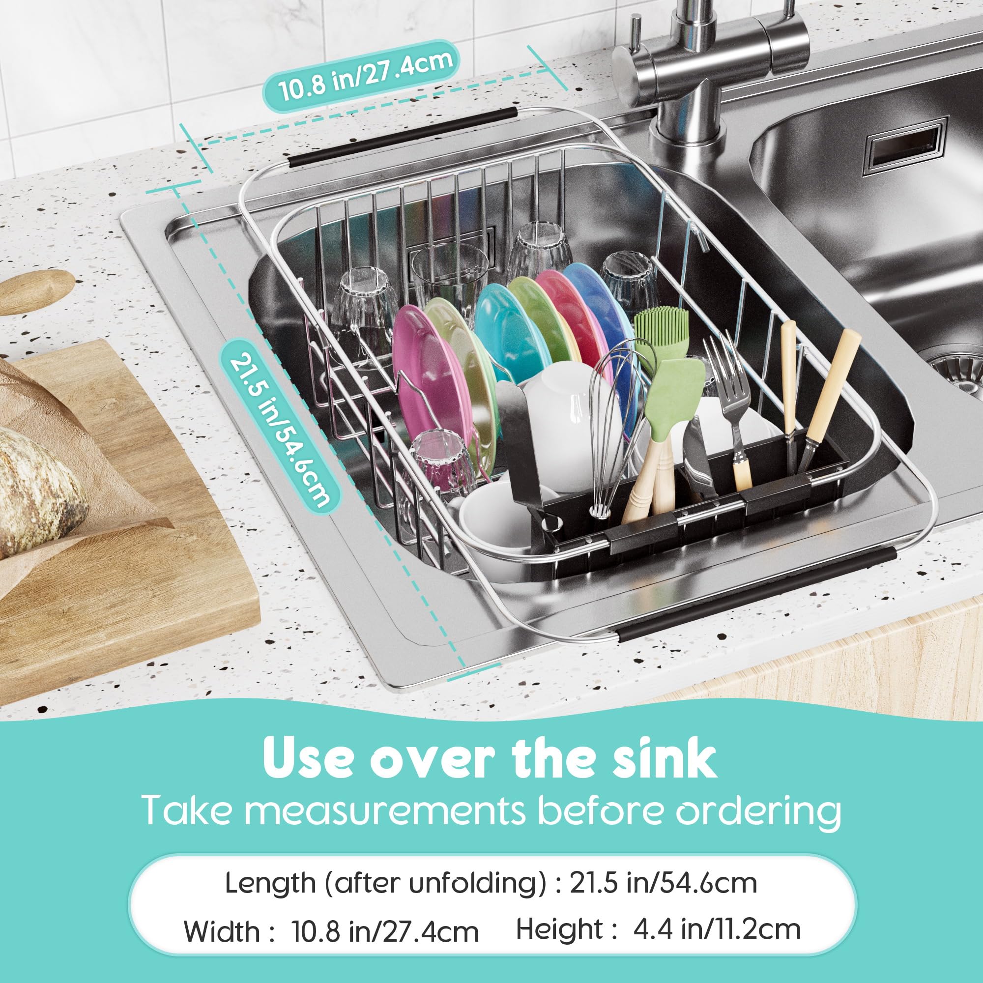 jkxoo Expandable Dish Drying Rack, Adjustable Over The Sink Dish Drying Rack with Black Utensil Storage Holder, 304 Stainless Steel Dish Racks for Kitchen Counter in Sink or On Counter