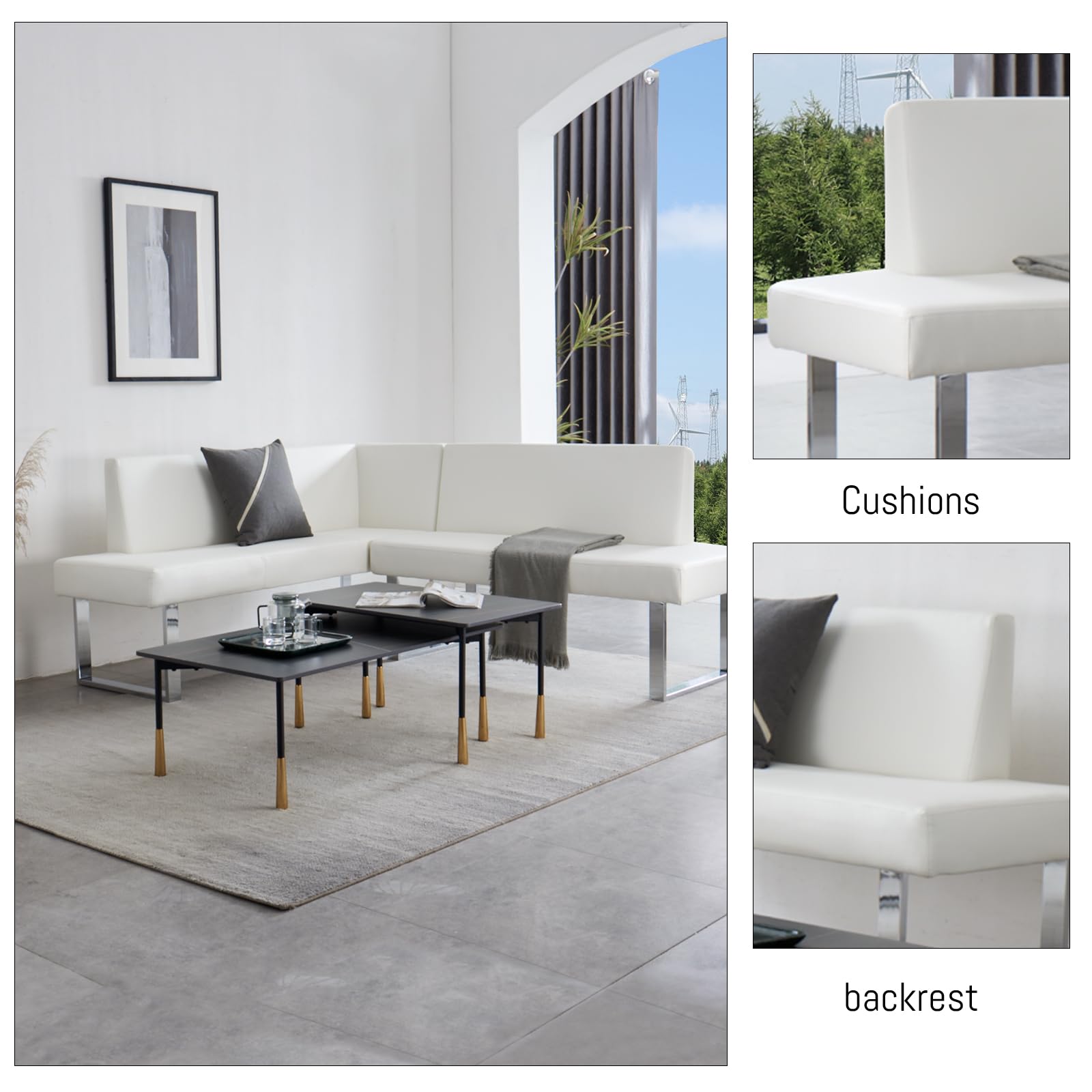 jiexi PU Leather Luxury L Shape Bench, Corner Nook with Metal Leg for Family Kitchen, Sectional Sofa for Living Room, Office, Table is not Included (White)