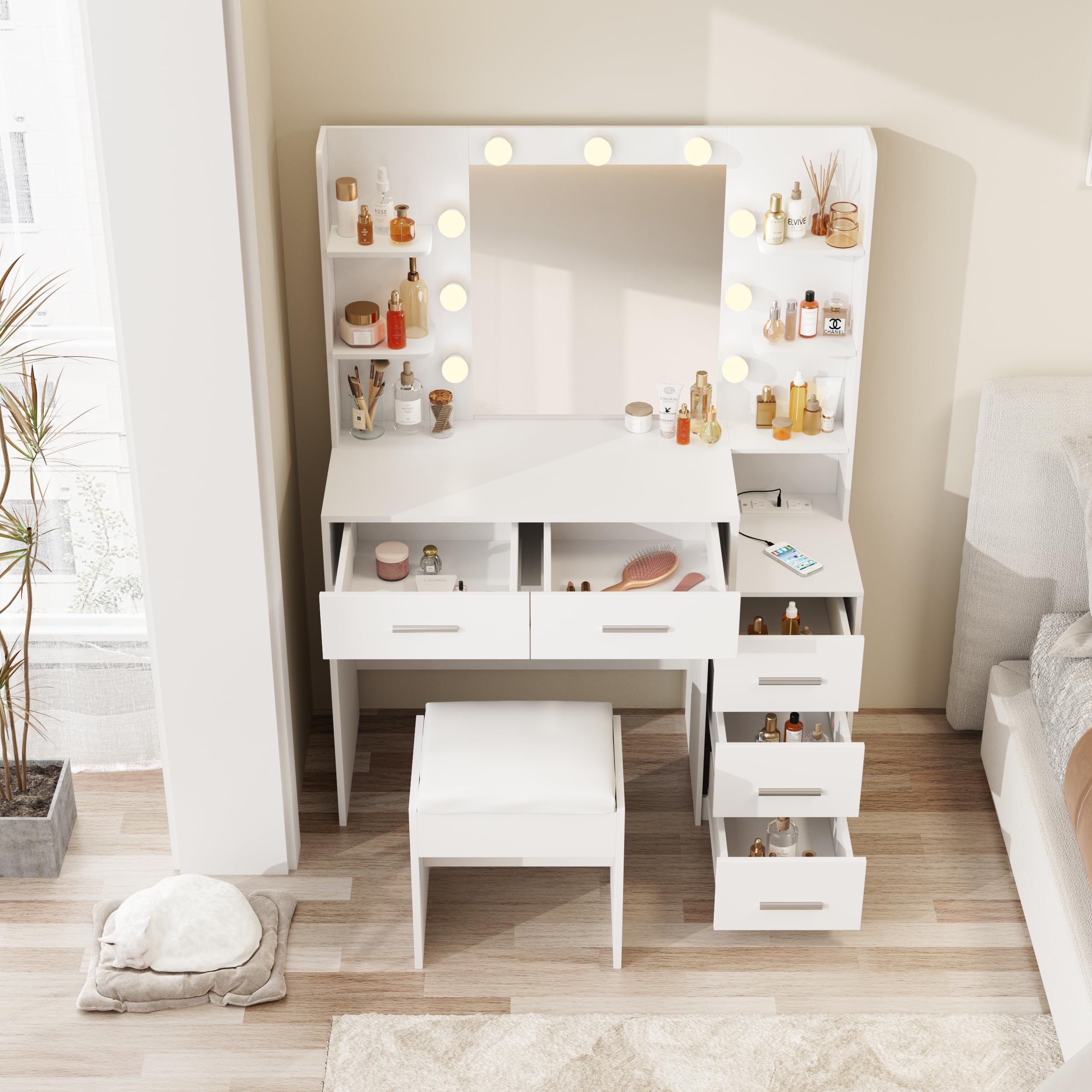 Vabches Makeup Vanity Desk with Mirror and Lights,Vanity Table with Large Drawers & Storage Shelves, Dressing Table Vanity Set