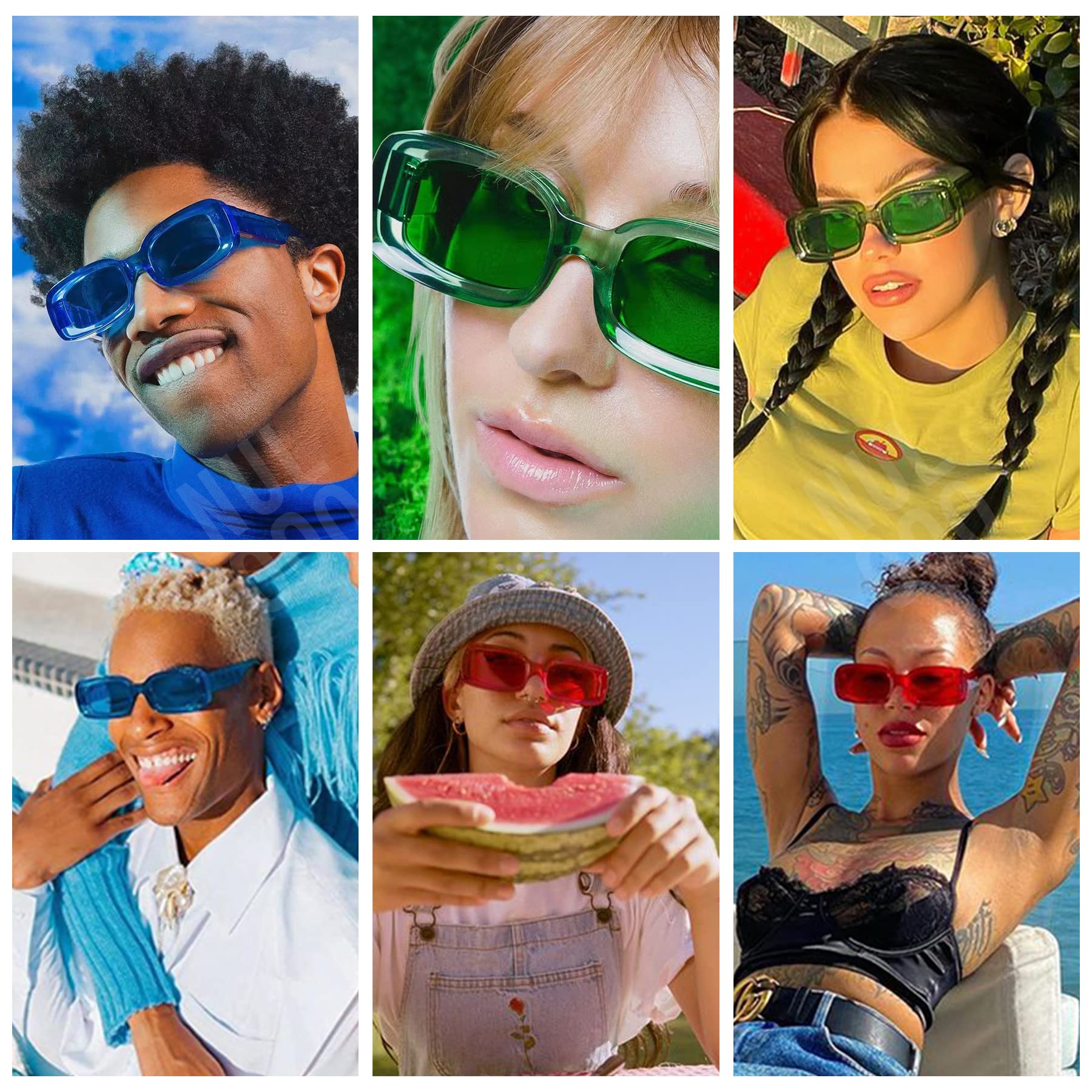 NULOOQ Y2K Trendy Aesthetic Rectangle Sunglasses for Women Men 90's Retro Thick Frames Cool Funky Sun Glasses (Green Frame/Green Lens)