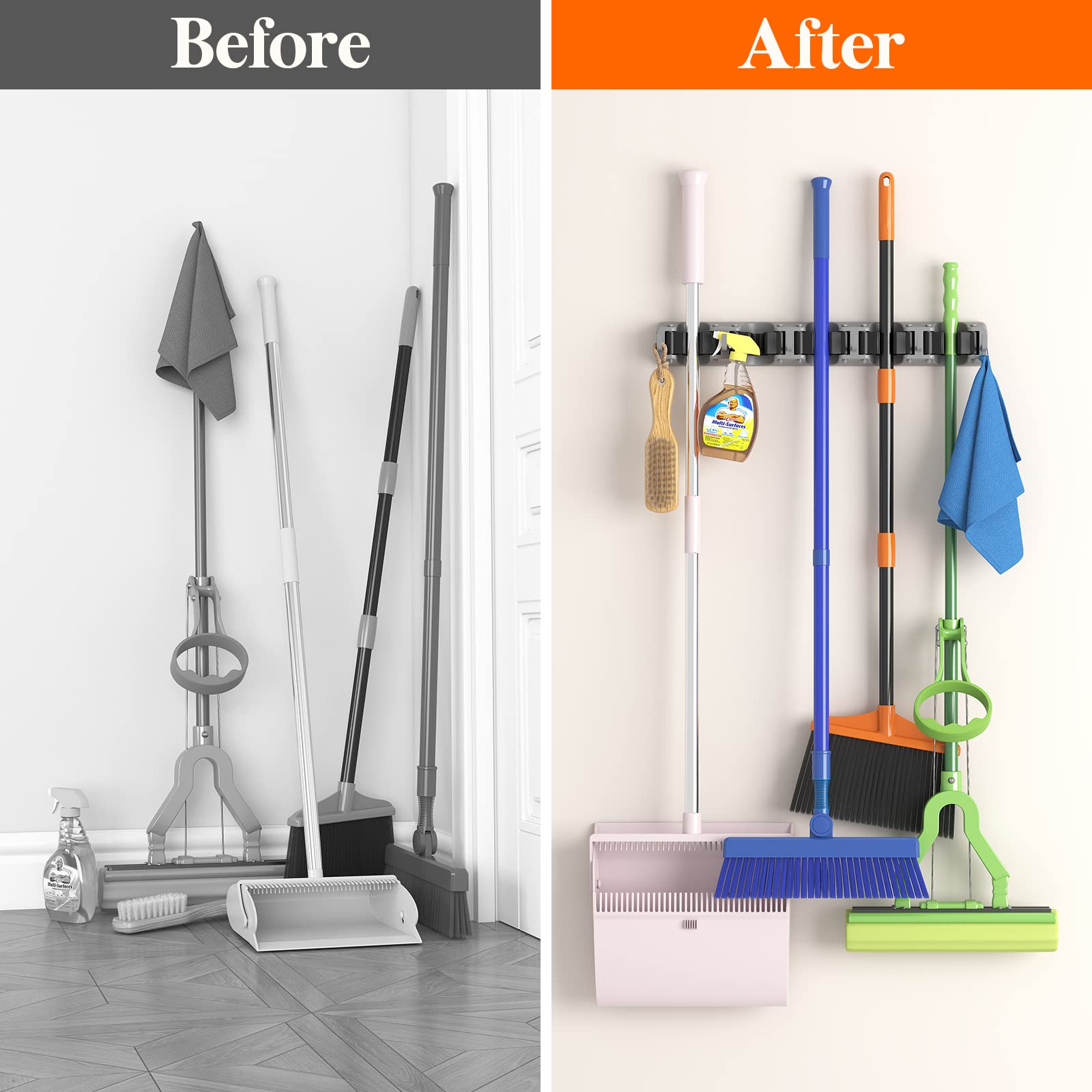 Lifewit Mop and Broom Holder Wall Mount, Anti-Slip Broom Hanger for Kitchen Organization, Heavy Duty Cleaning Supplies Organizer, Easy Install Tool Organizer for Closet, Garage, 5 Slot 6 Hooks, Grey