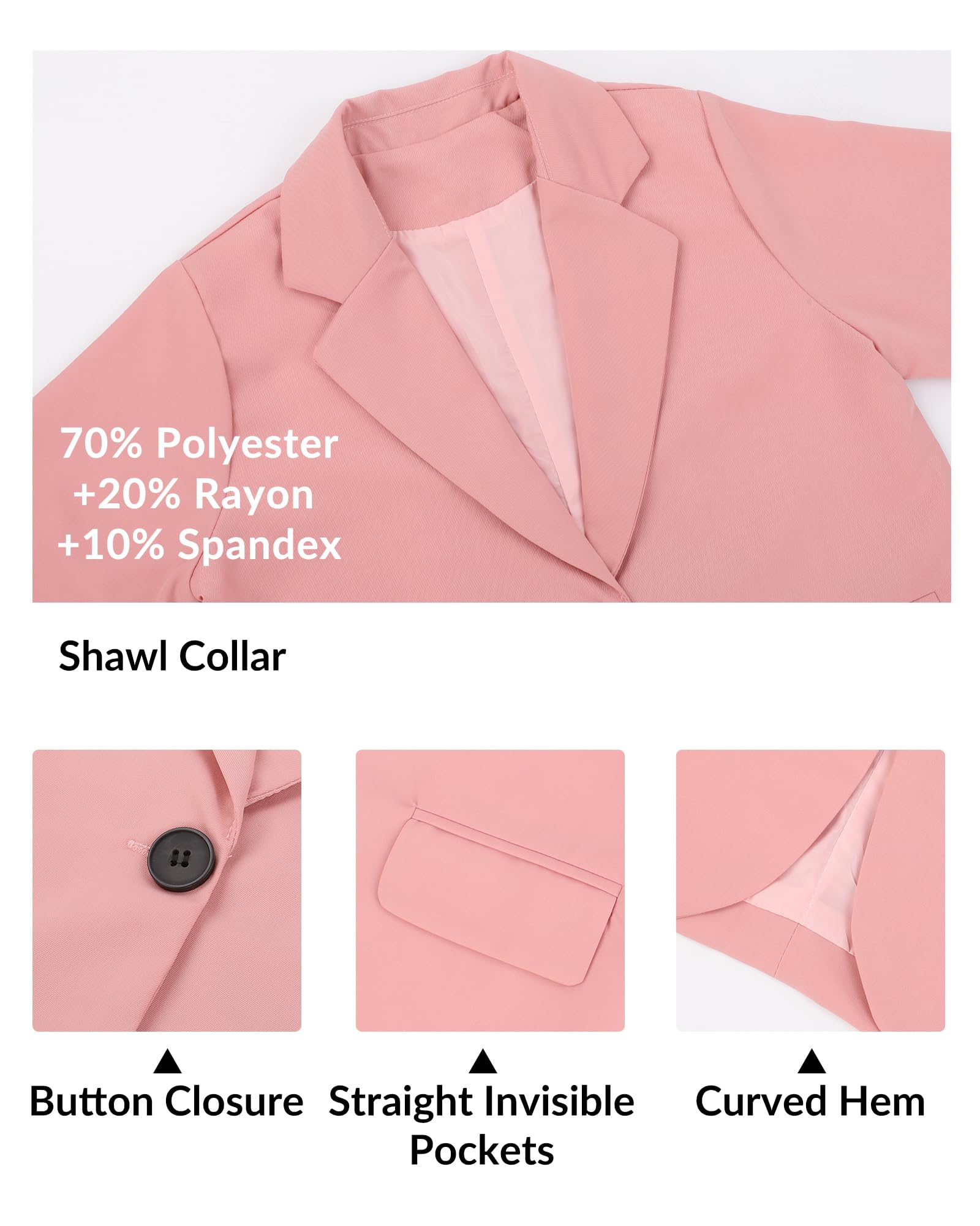 KEREDA Girls Casual Blazers Long Sleeve Open Front Button Lightweight Blazers with Pockets Pink 9-10 Years