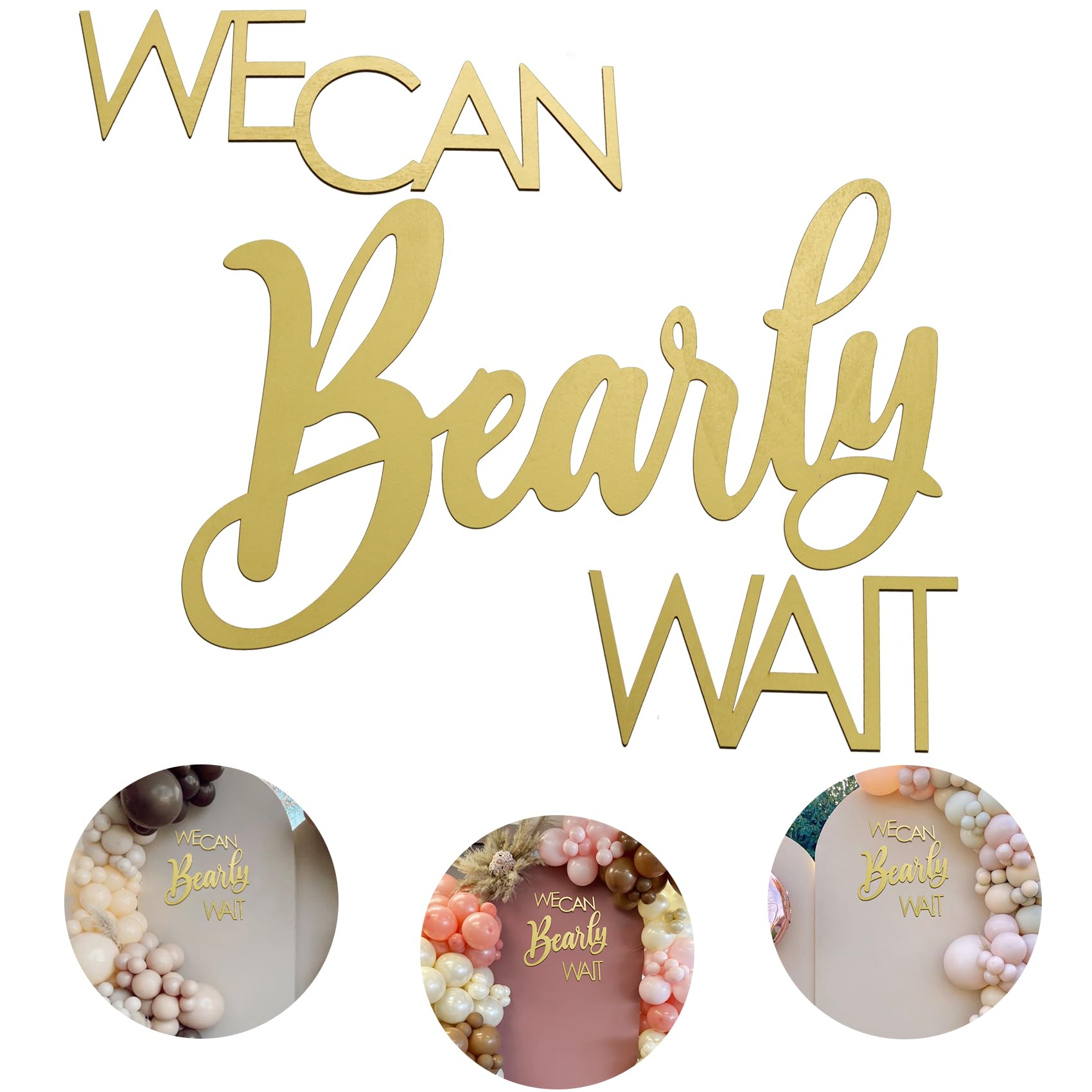 We Can Bearly Wait Sign - Wooden Baby Shower Sign with Gold Painted Perfect Baby Banner for Gender Reveal Backdrop Party Decor Stylish Photo Backdrop for Baby Boys and Baby Girls(Gold)