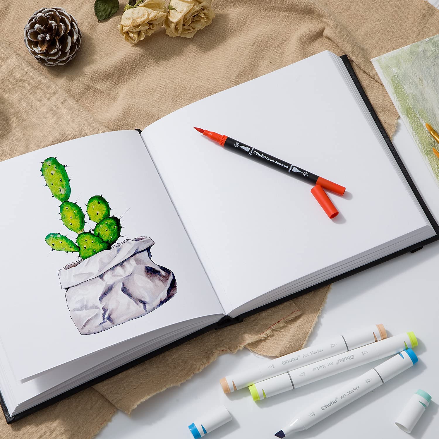 Ohuhu Markers, Alcohol Based Double Tipped Art Marker Set + Mix Media Pad, 8.3"x8.3" Mixed Media Art Sketchbook