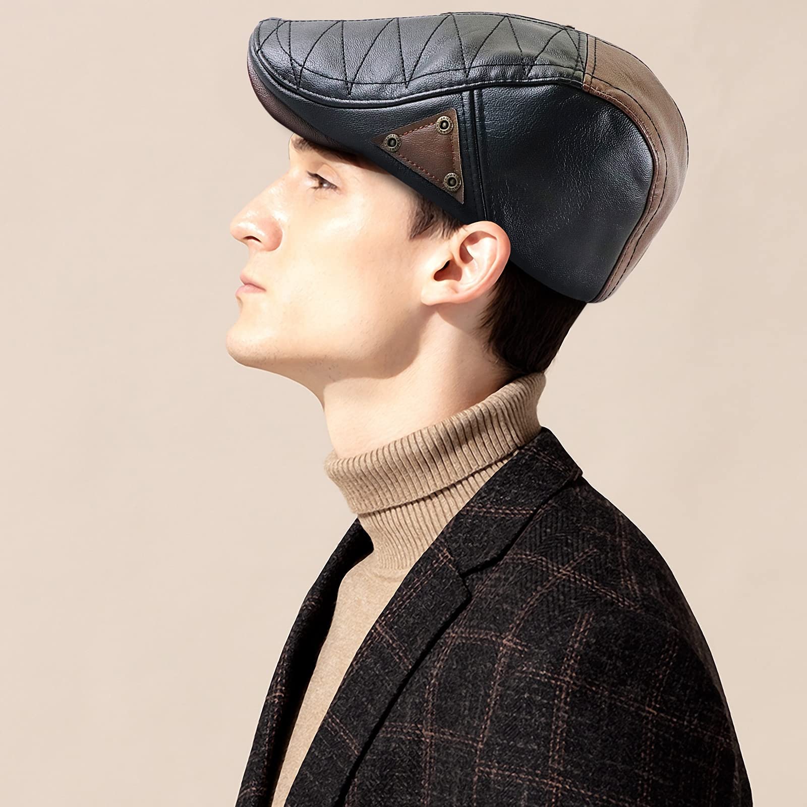 Mens Adjustable PU Leather Ivy Cap Newsboy Hat Classic Golf Flat Cap Gatsby Driving Fishing Hat for Men Father Dad (2# Light Coffee)
