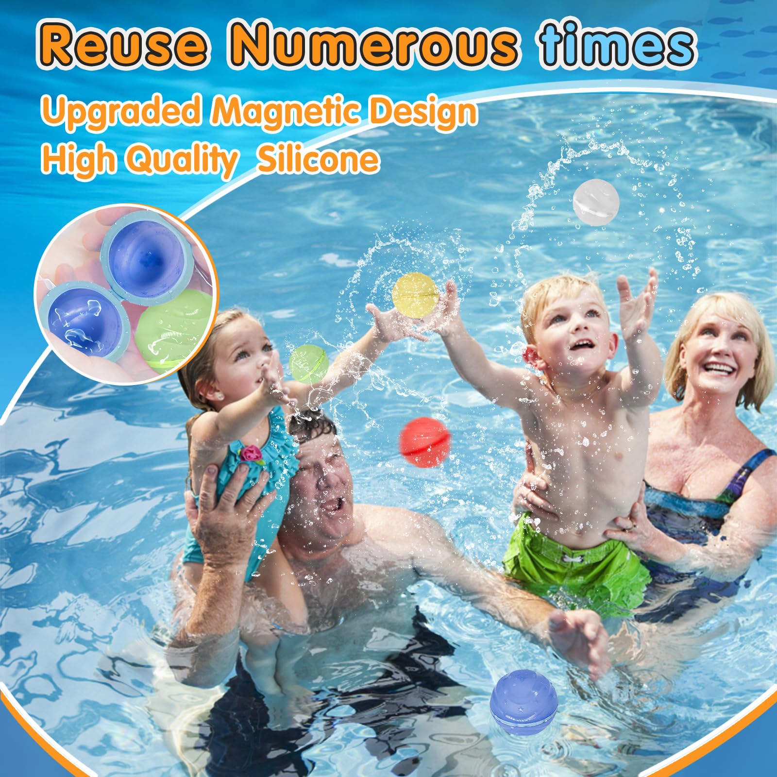 Koknwoa Reusable Water Balloons,Water Balloons Quick Fill & Magnetic Self Sealing,Refillable Water Balls Beach Pool Bath Toys for Kids, 6PC