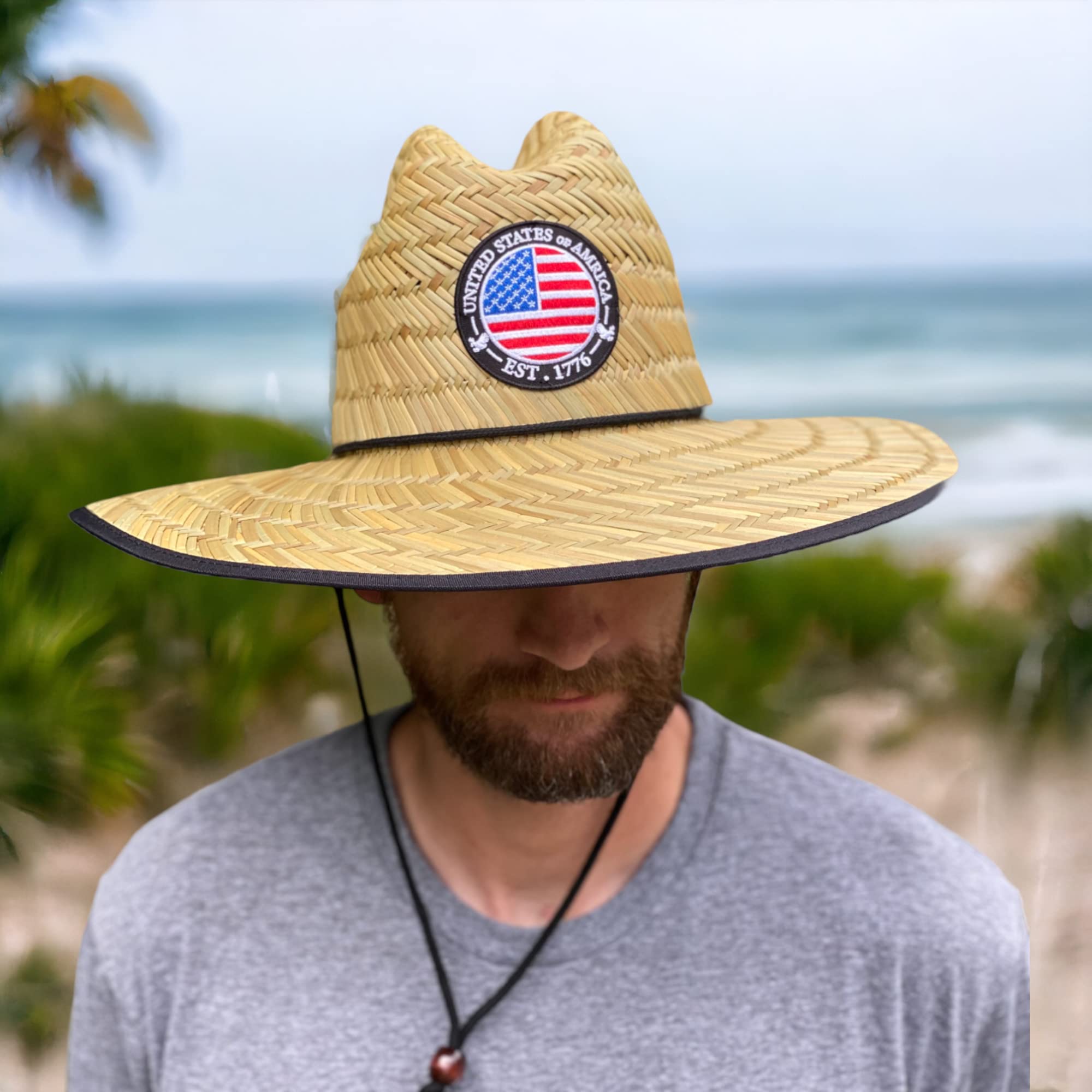 Pesky Patriot American Flag Straw Sun Hat - 100% Natural Round Straw Hat for Sun Protection, Unisex Enjoyment, Premium-Quality Material