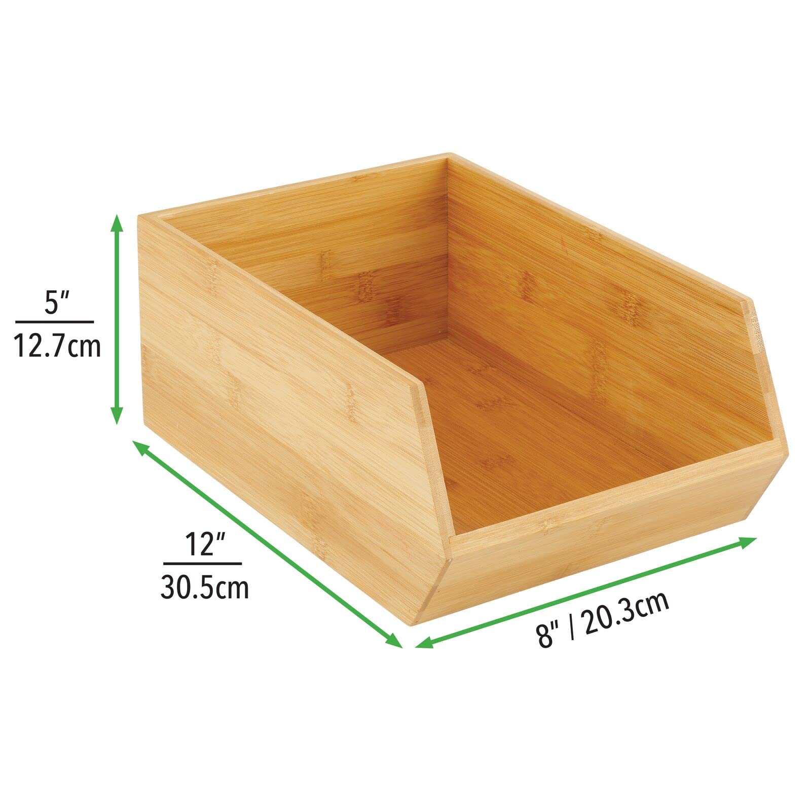 mDesign Bamboo Stackable Food Storage Organization Bin Basket - Wide Open Front for Kitchen Cabinets, Pantry, Offices, Closets, Holds Snacks, Dry Goods, Packets, Spices, Teas - Natural Wood