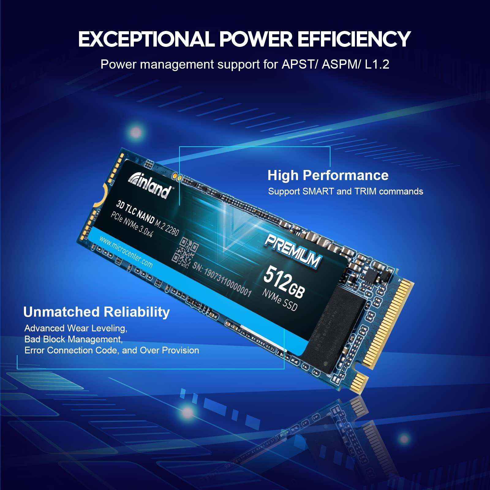 INLAND Premium 512GB SSD M.2 2280 PCIe NVMe 3.0 x4 3D NAND Internal Solid State Drive, High Speed Read/Write Speed up to 3100MB/s and 1900MB/s, NVMe 1.3 & PCIe 3.1 Compatible, 780 TBW