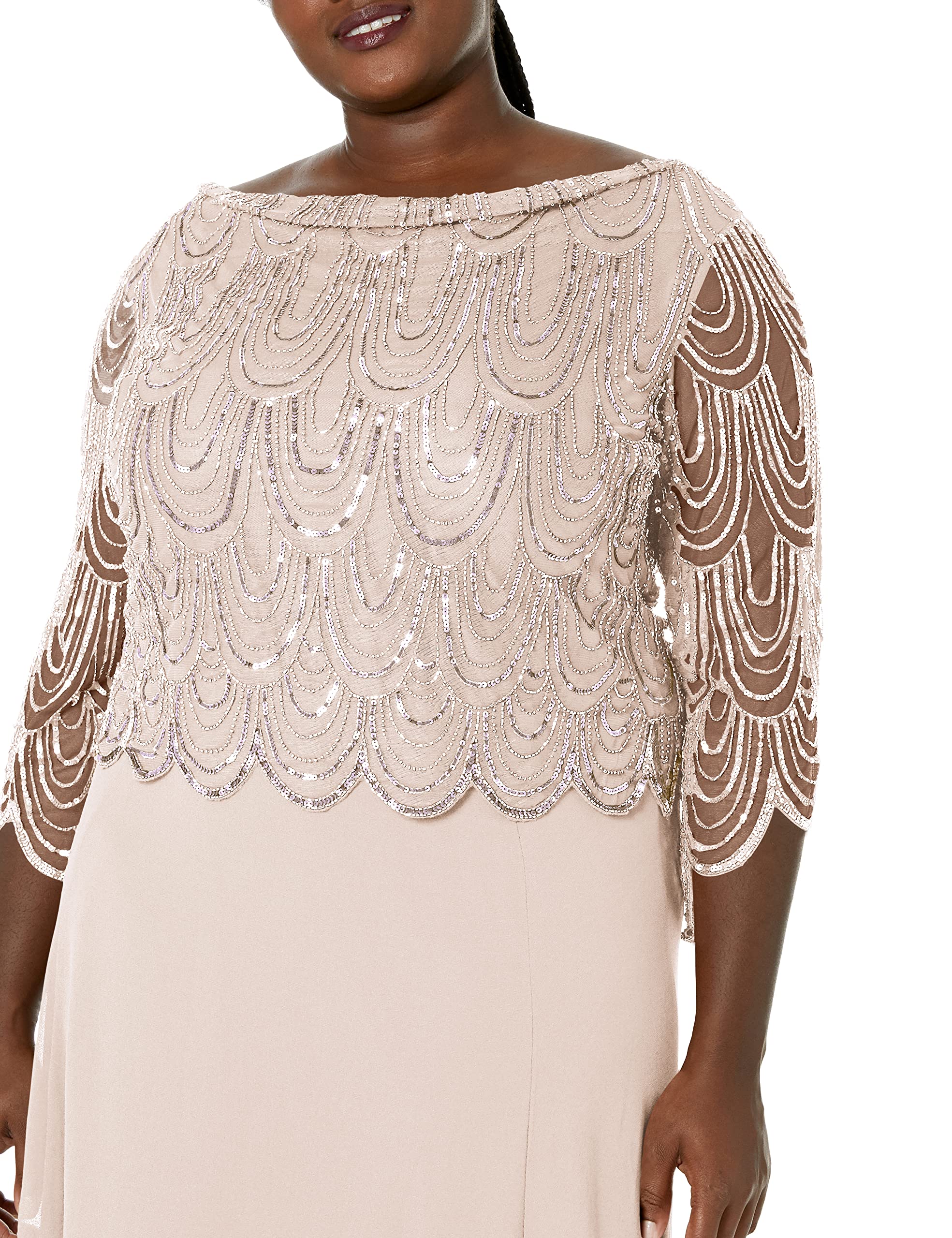 J Kara Women's Petite 3/4 Scallop Beaded Pop Over Gown, Blush/Mercury, 10P