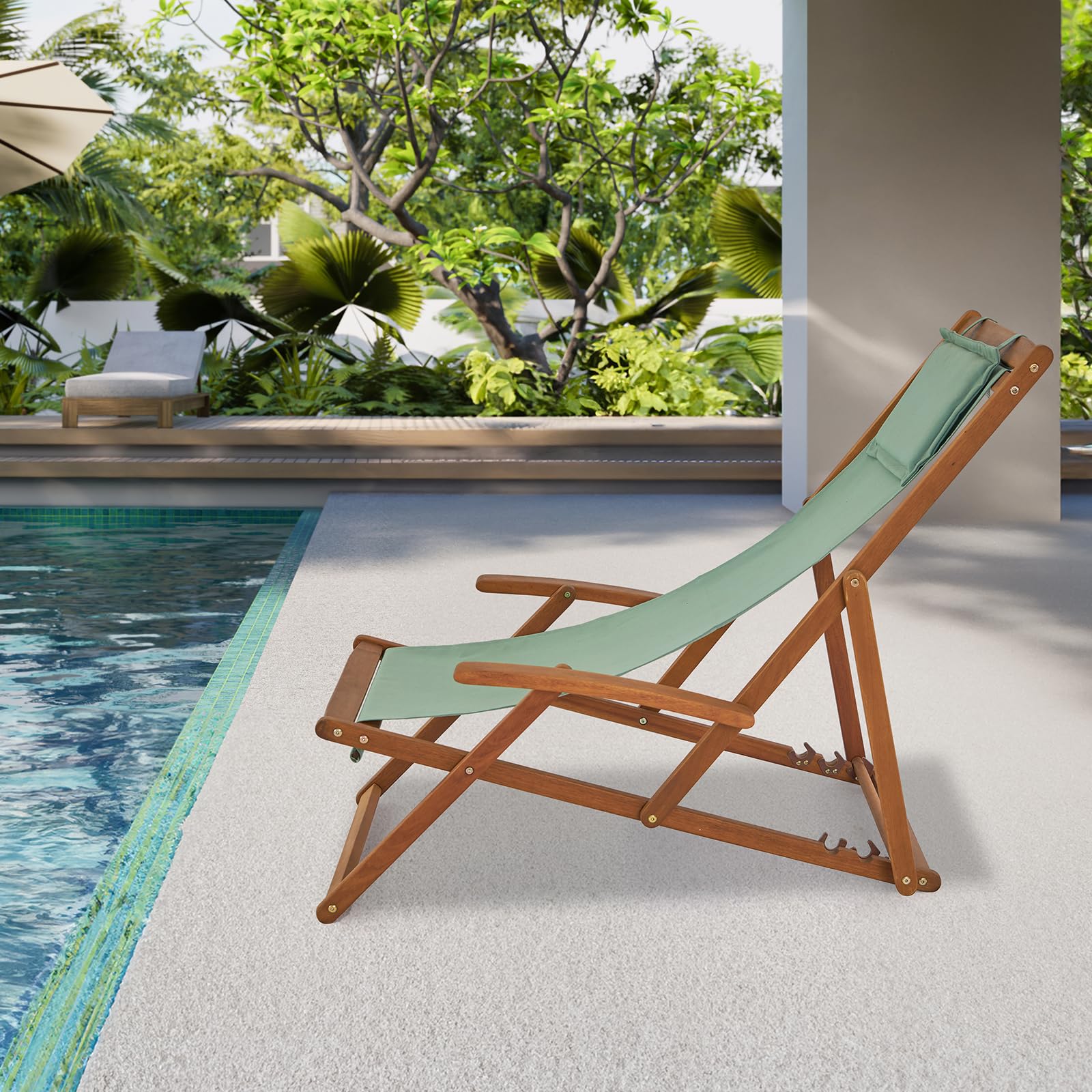 VINGLI Patio Sling Chairs, Outdoor Adjustable Beach Chair with Armrest & Pillowcase, Portable Folding Patio Lounge Chairs Chair for Porch, Poolside, Garden(1 Pack (1)