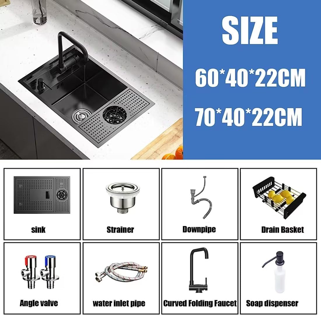 JINGTAO Hidden Sink Bar Counter Handmade Single Sink Household Kitchen Sink with Cup Washer Arc Folding Faucet + Soap Dispenser (Color : Black, Size : 60 * 40 * 22cm)